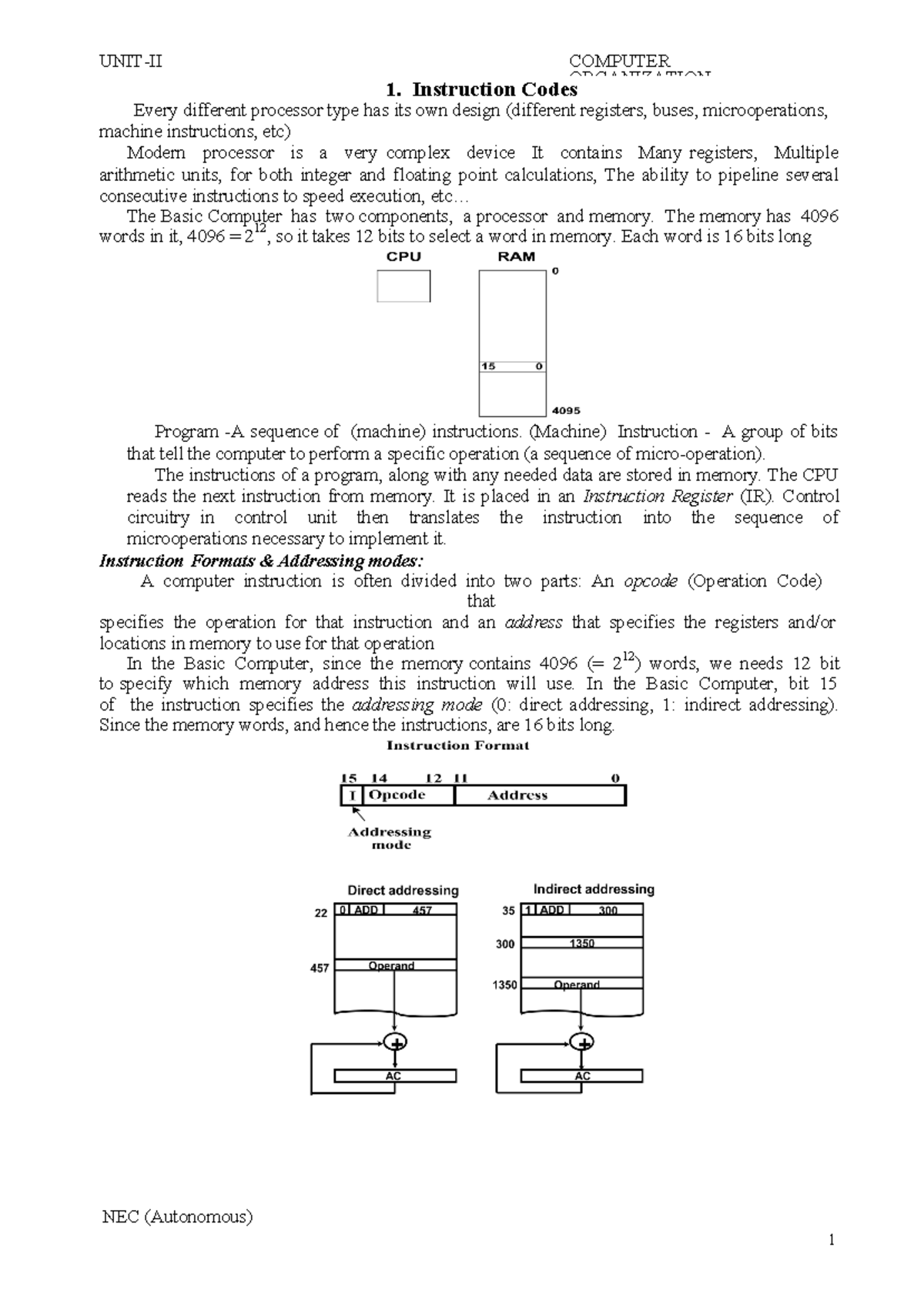 CO Unit-II - lecture notes of coa - ORGANIZATION NEC (Autonomous) 1 ...