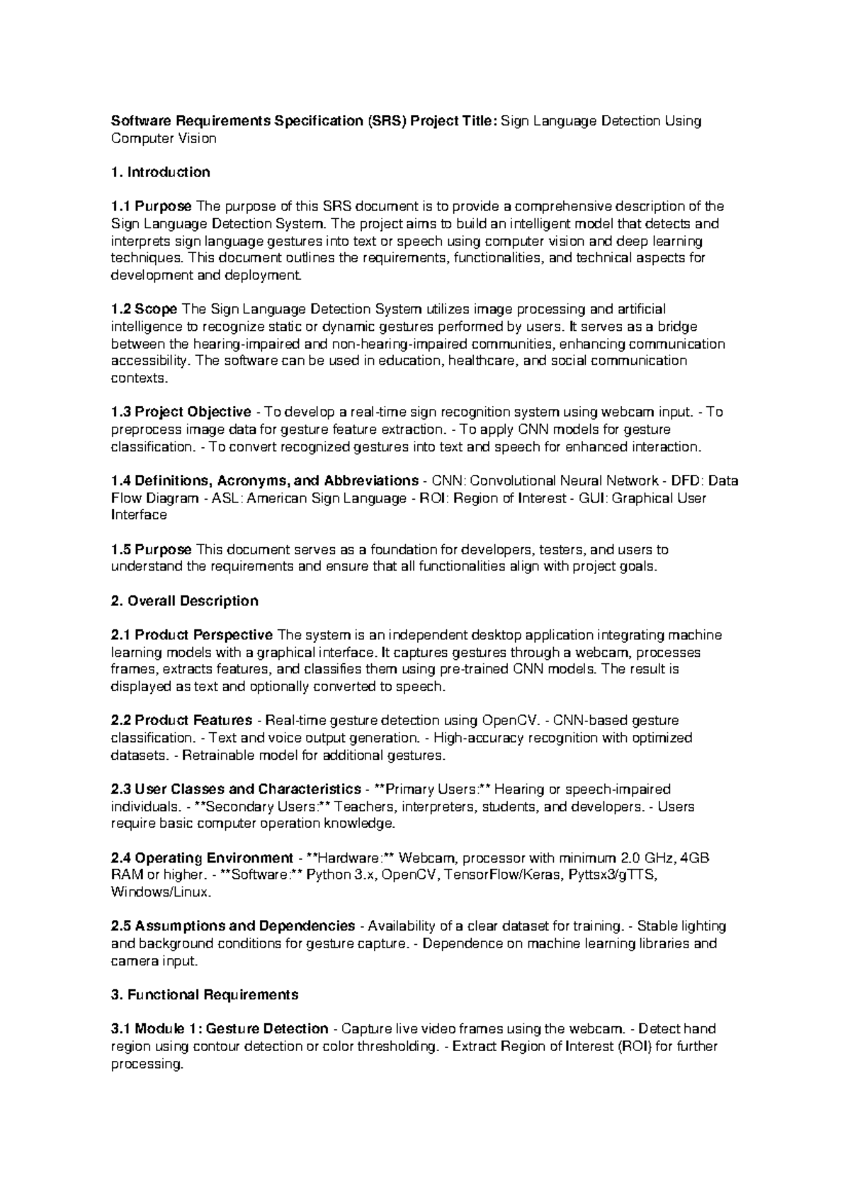SRS Document for Sign Language Detection System (CS101) - Studocu
