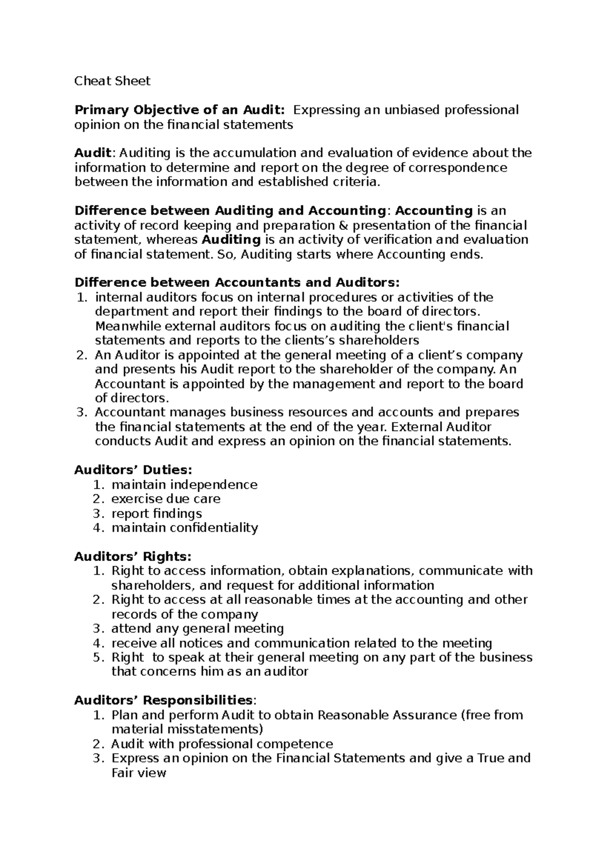 Cheat Sheet Audit - Simplified Notes for revision - Cheat Sheet Primary ...