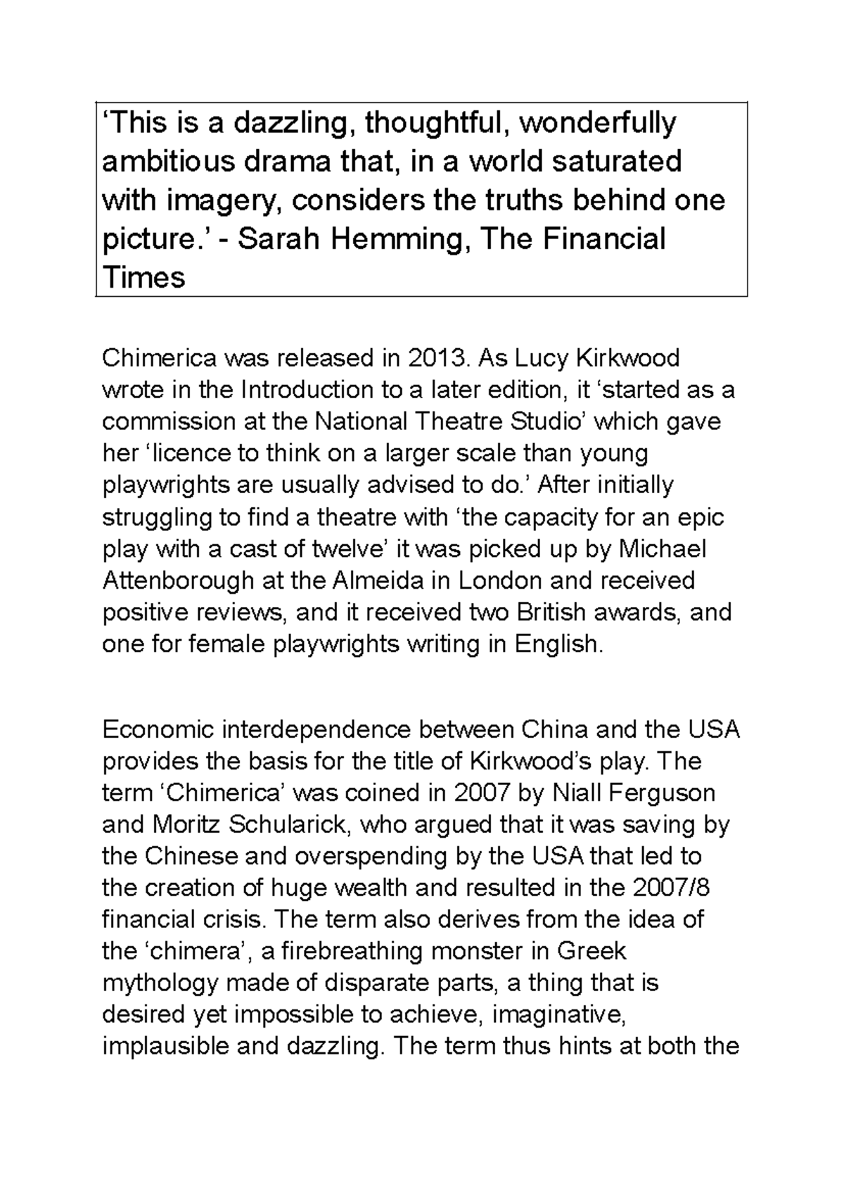 Kirkwood's Chimerica: A Critical Review of Stage and Screen Adaptations ...