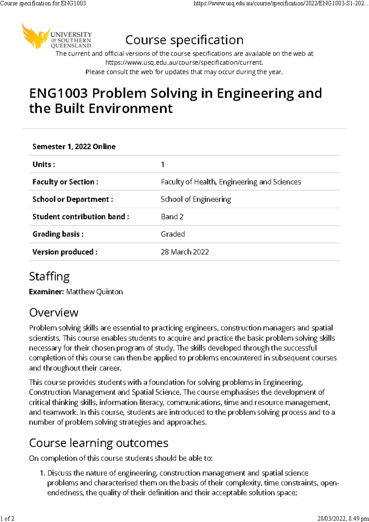 ENG1003 Course Specification: Problem Solving in Engineering & Built ...
