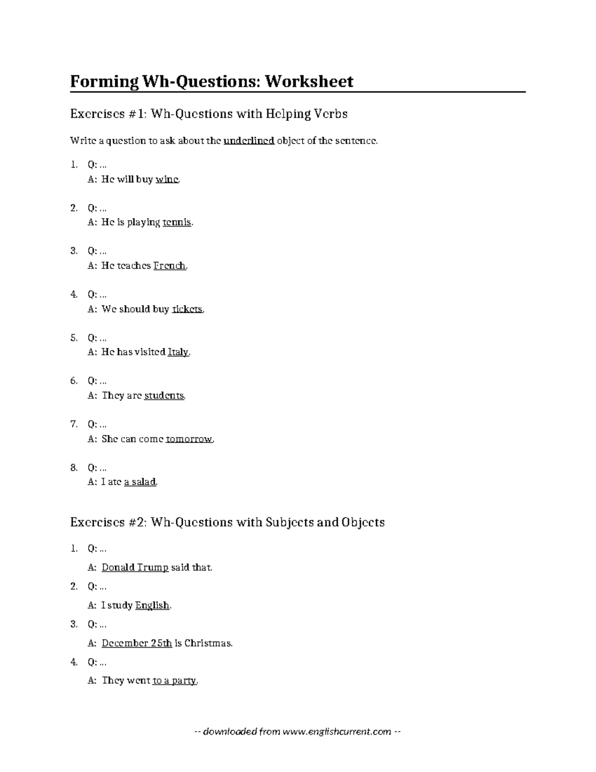 ENG 101 Wh-Questions Worksheet for Practice and Exercises - Studocu
