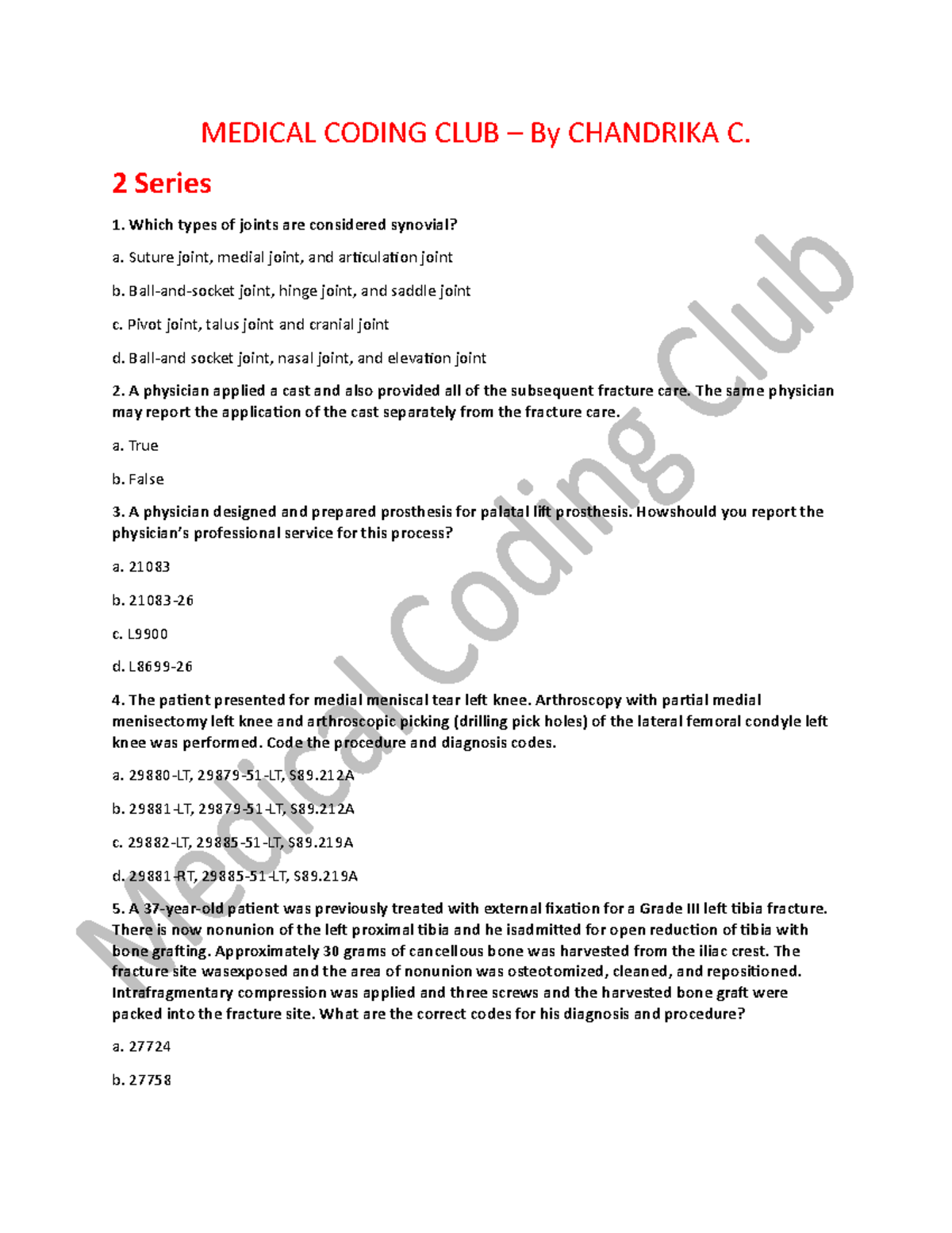 CPT 2 Series Questions - Medical Coding Club Exam Queries - Studocu