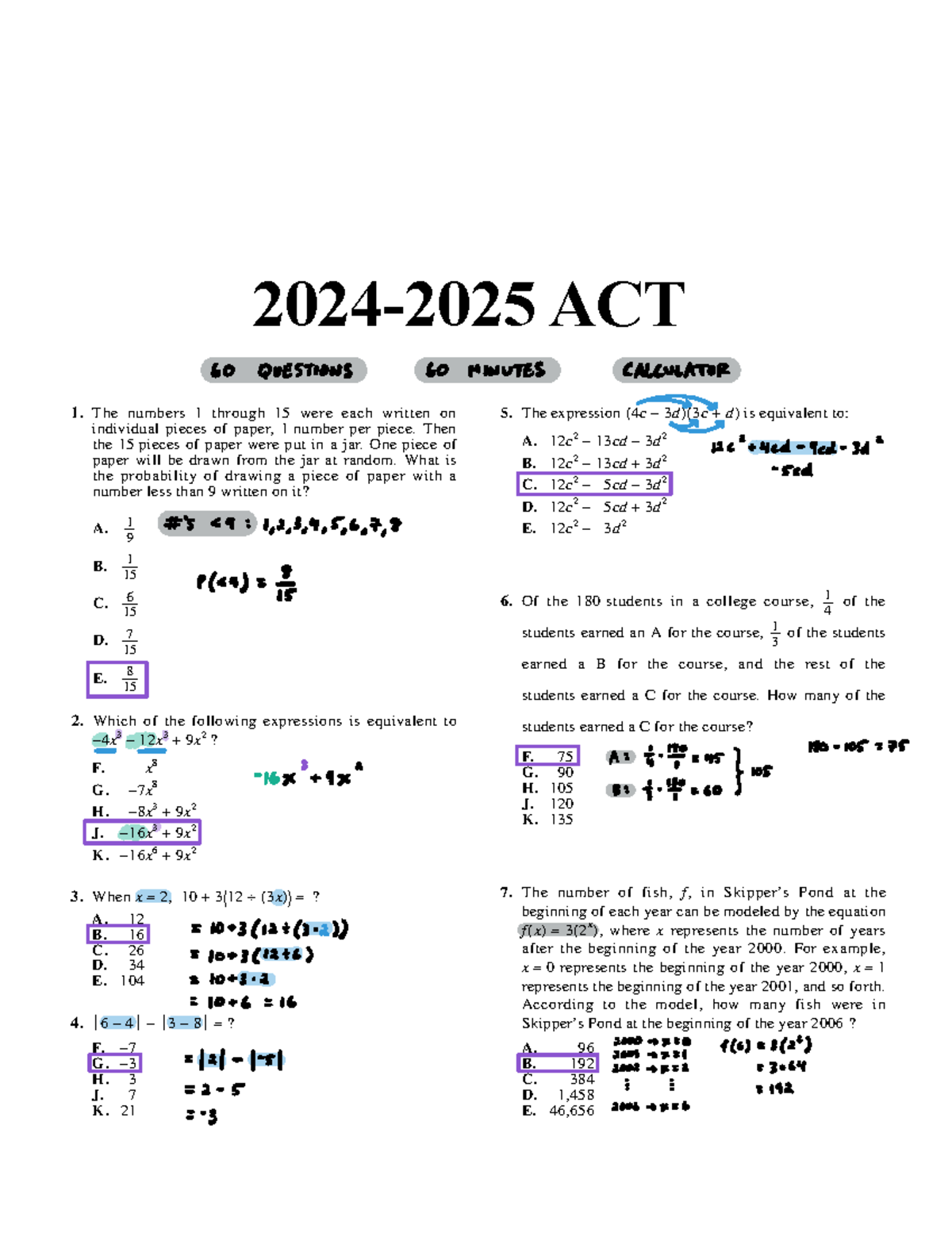ACT 24 25 Official Mathematics Test - 60 Questions - Studocu