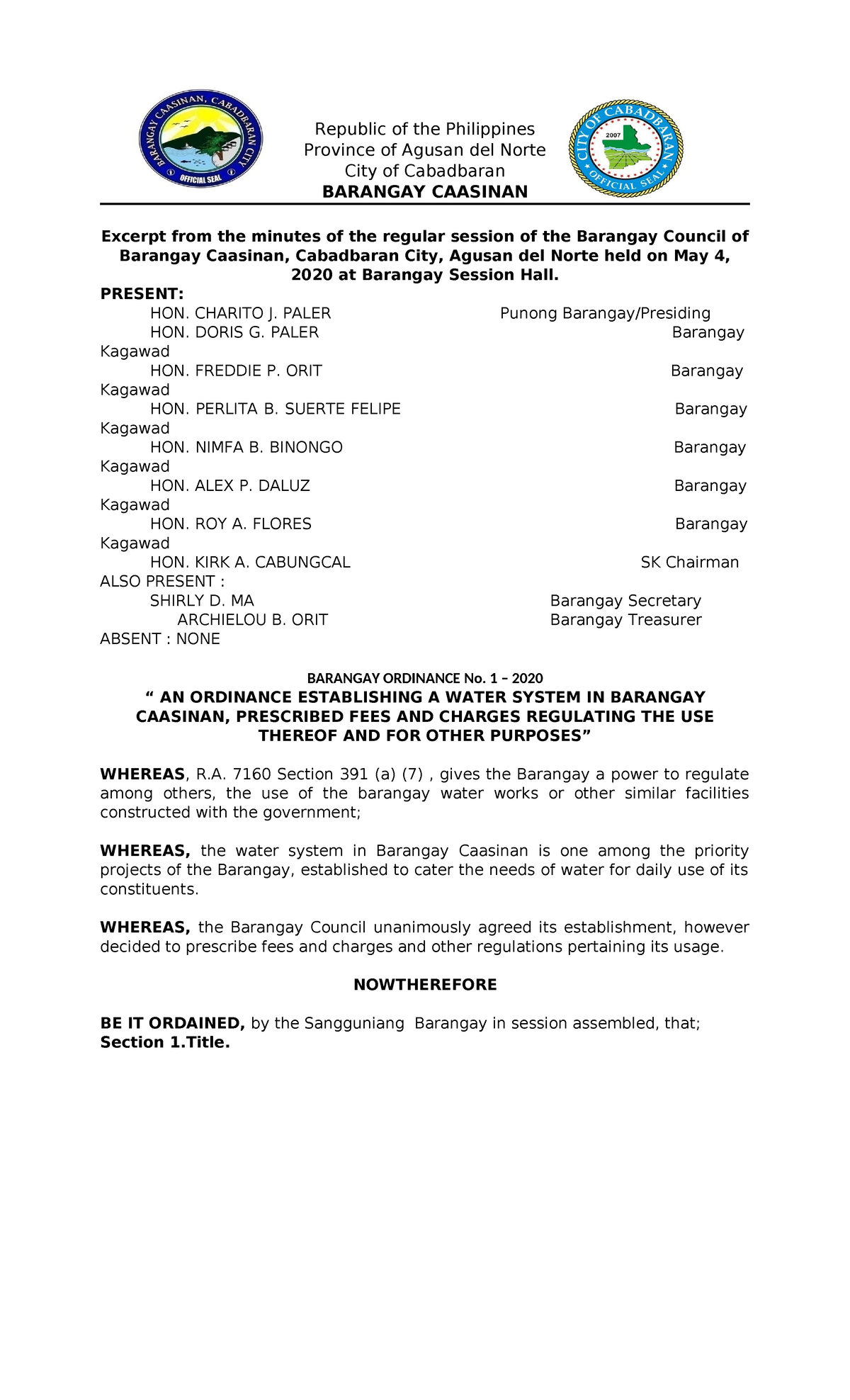 520346481 Ordinance for Establishing Water System in Barangay Caasinan ...