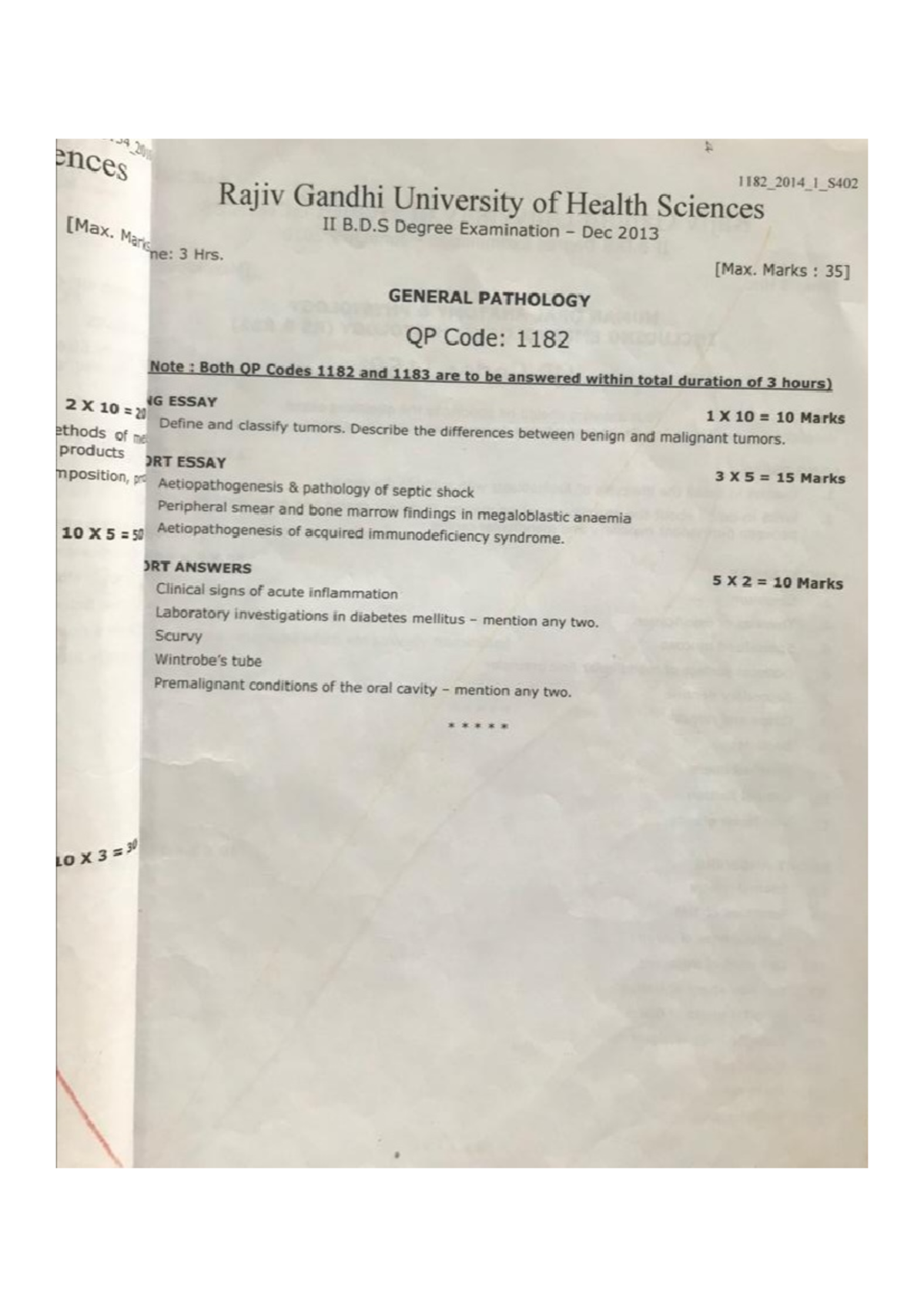 General Pathology & Microbiology Exam Papers for II B.D.S (QP Codes ...