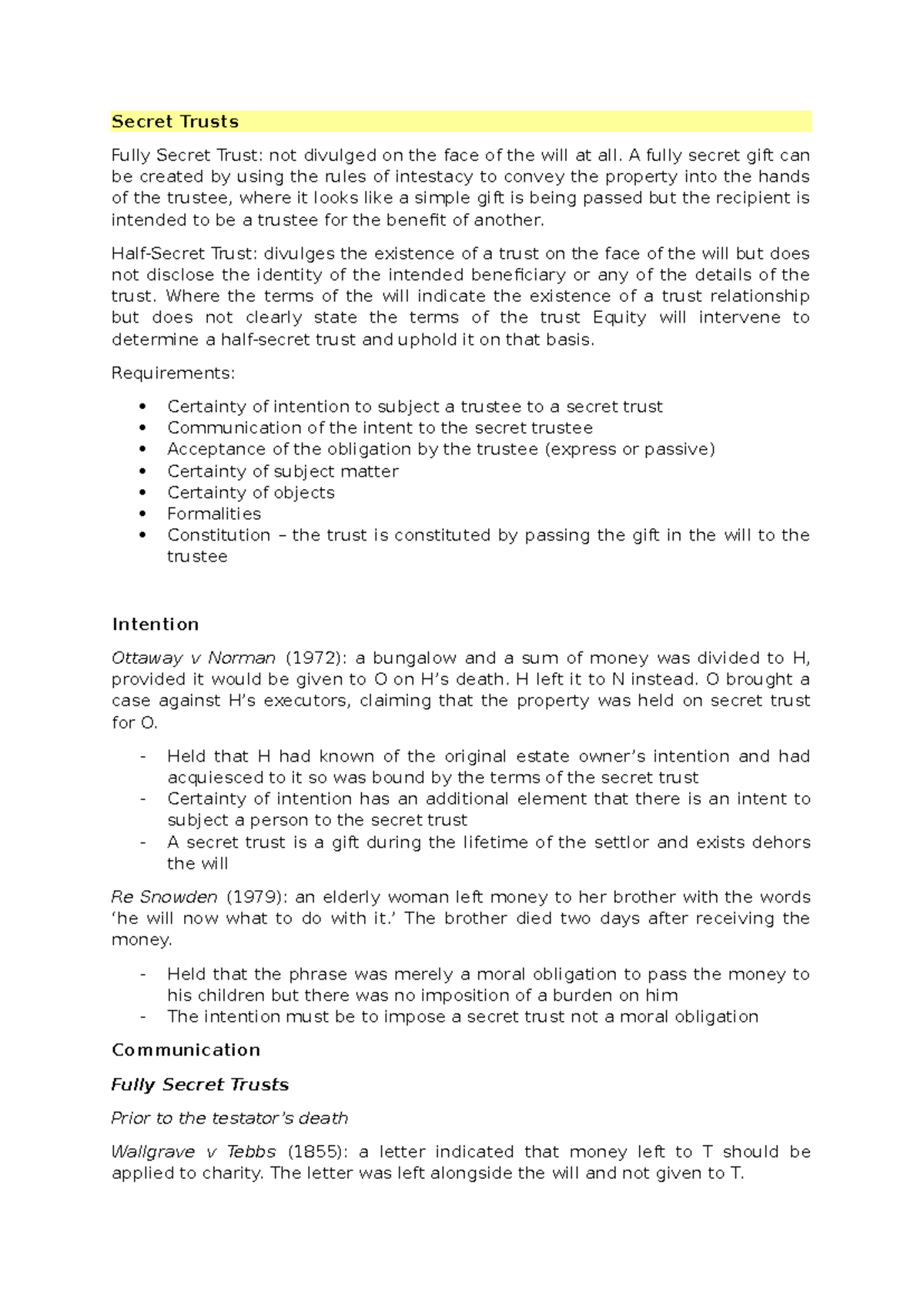 Secret Trusts: Comprehensive Study Notes on Fully and Half Secret ...