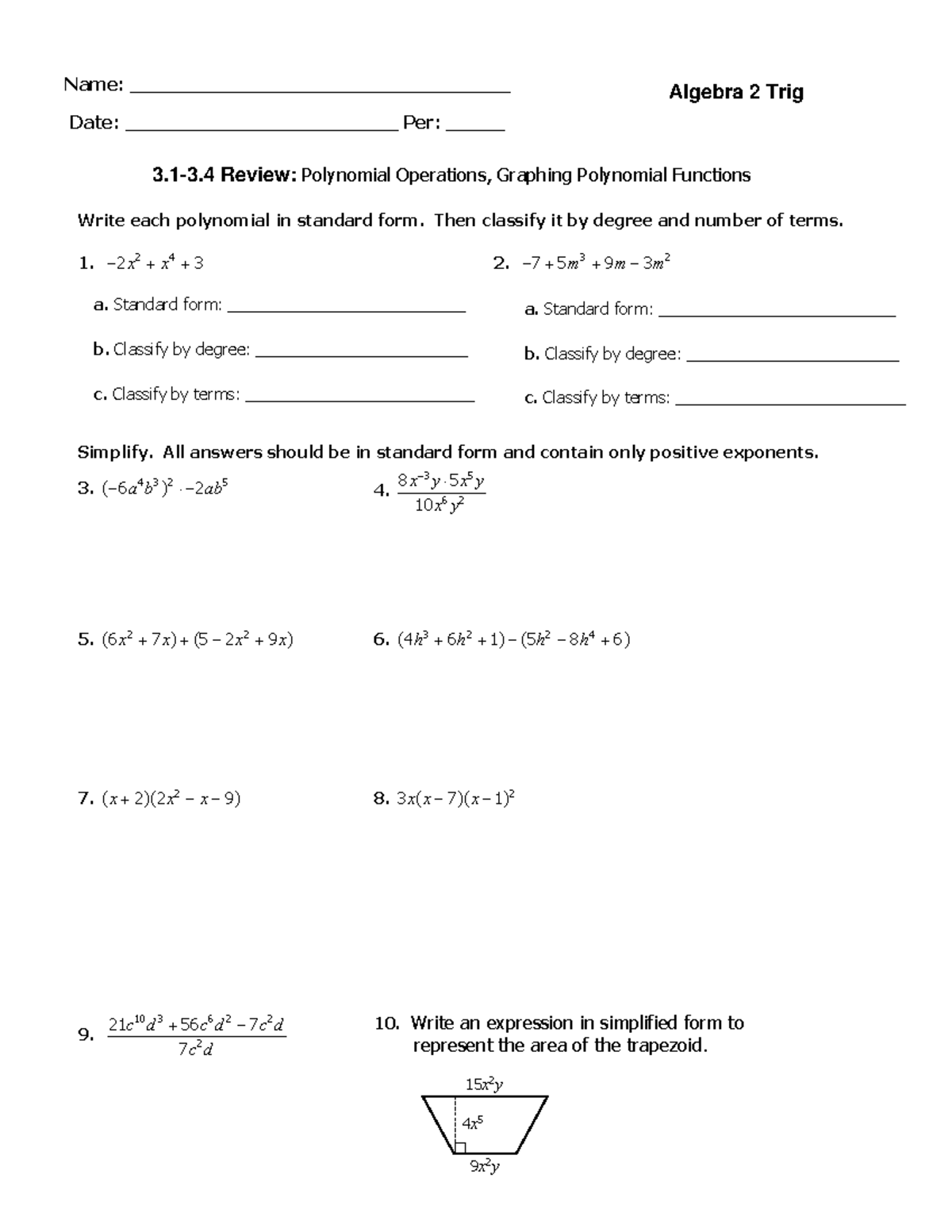 Algebra 2 quiz review: Polynomial functions and operations - Studocu