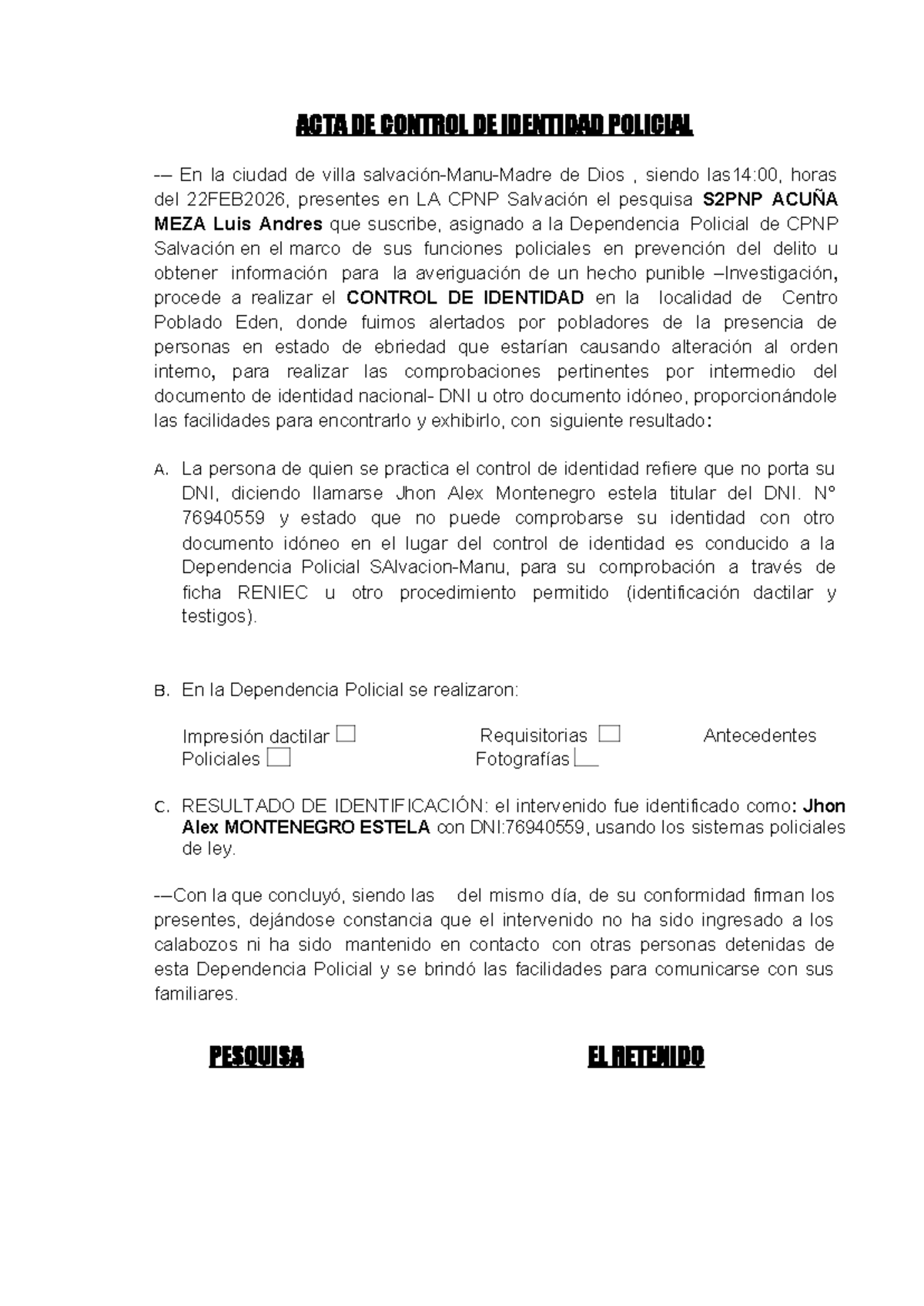 ACTA DE CONTROL DE IDENTIDAD POLICIAL - Jhon Alex Montenegro - Studocu