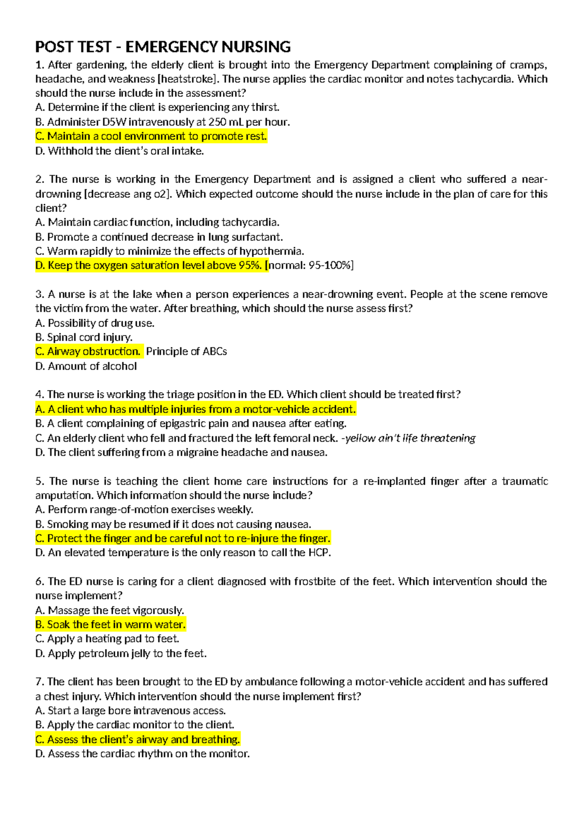 POST TEST: Emergency Nursing 694565356 - Key Assessment Scenarios - Studocu