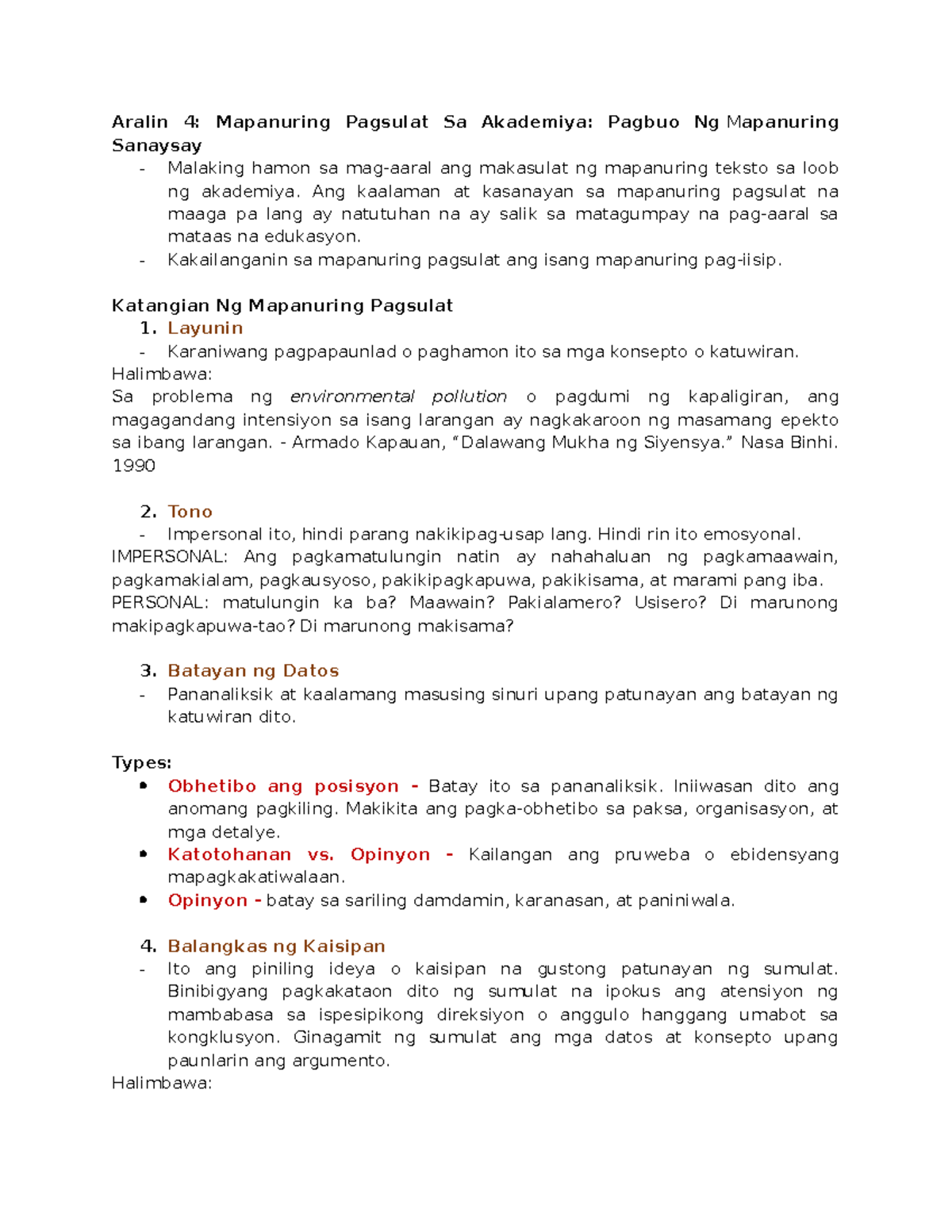 Aralin 4: Mapanuring Pagsulat at Sining ng Replektibong Sanaysay - Studocu