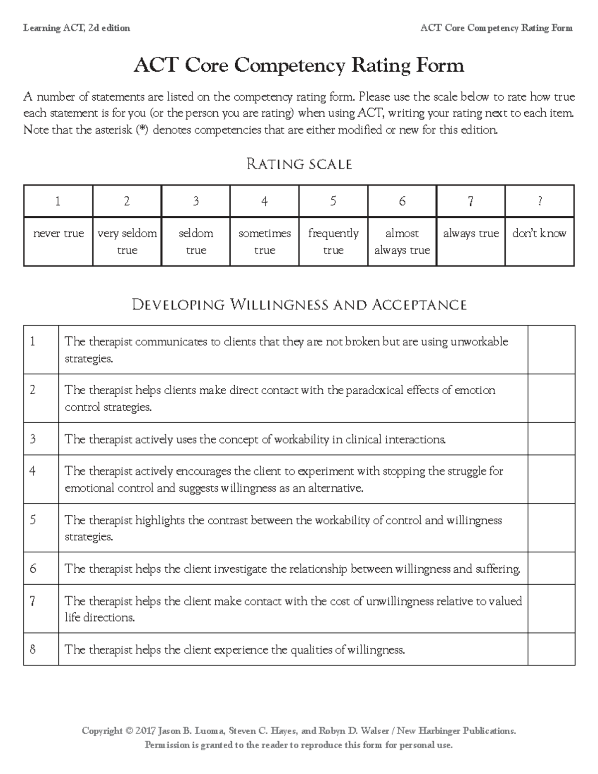 ACT Core Competency Rating Form - Extract from Learning ACT, 2nd Ed ...