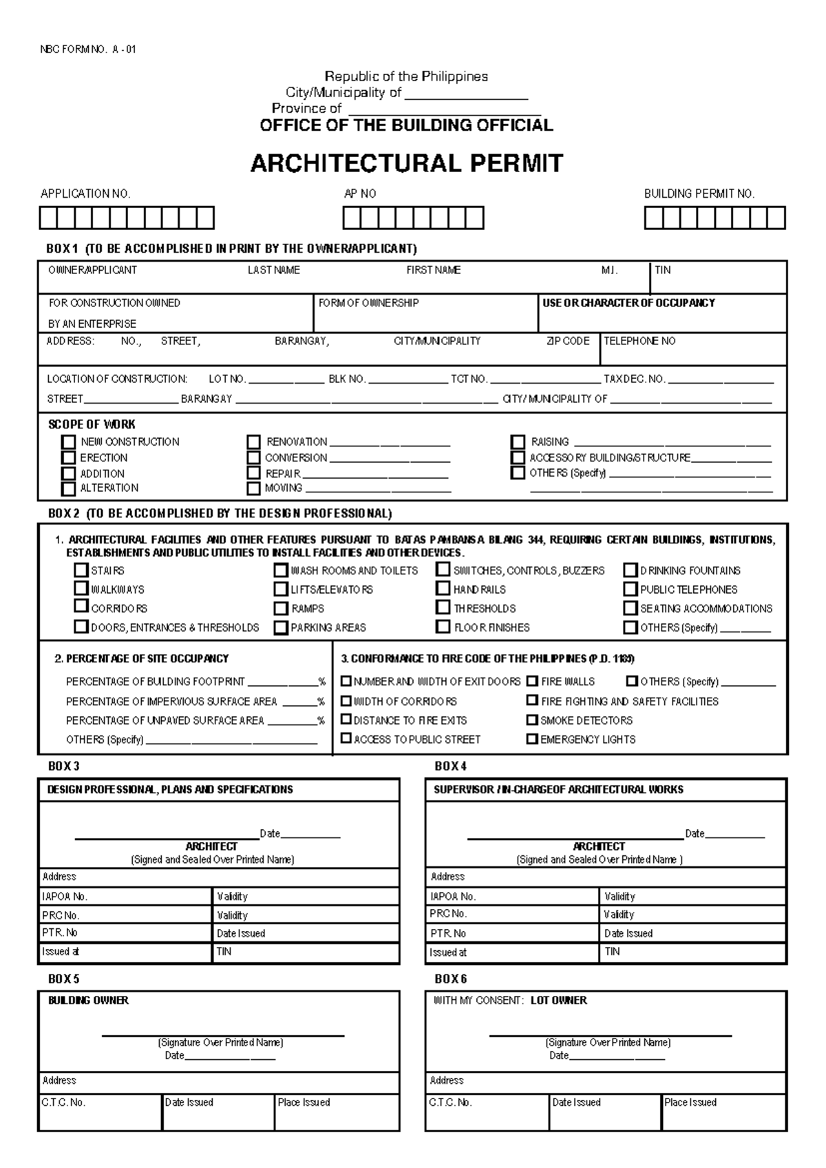 Architectural Permit Application Form - NBC FORM NO. A 01 - Studocu