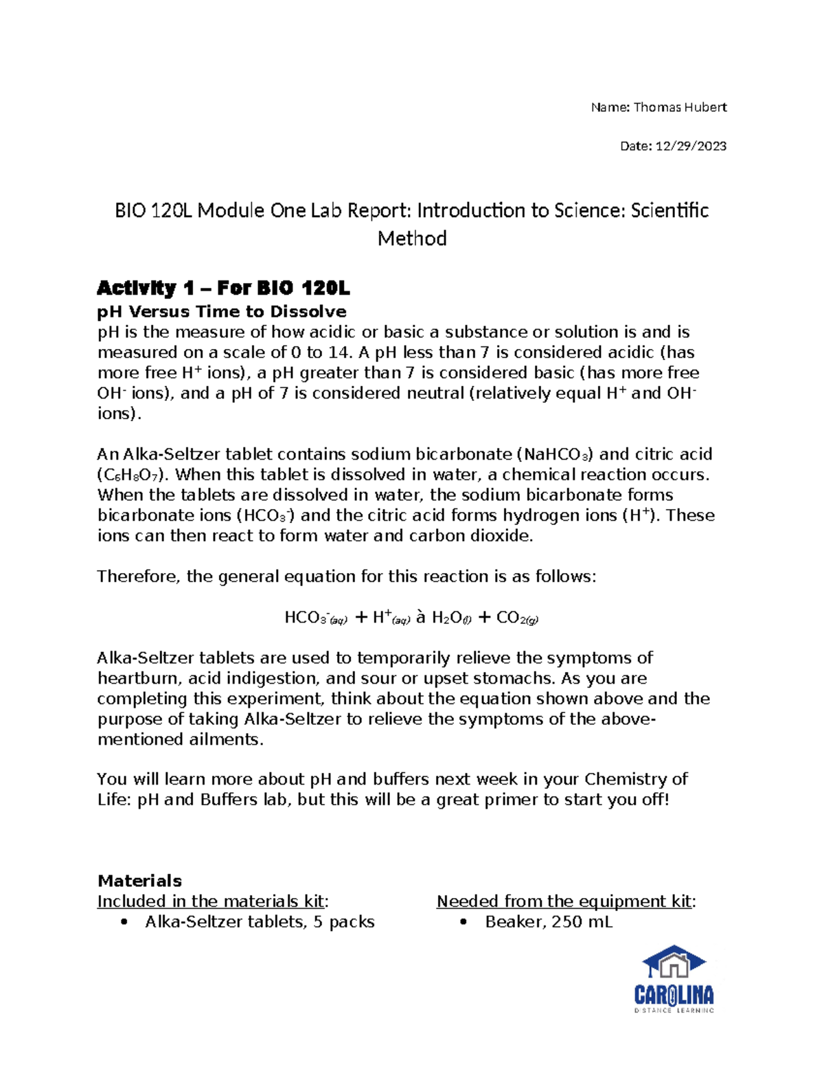 BIO 120L Module 1 Lab Report: Intro to Science & Scientific Method - Studocu