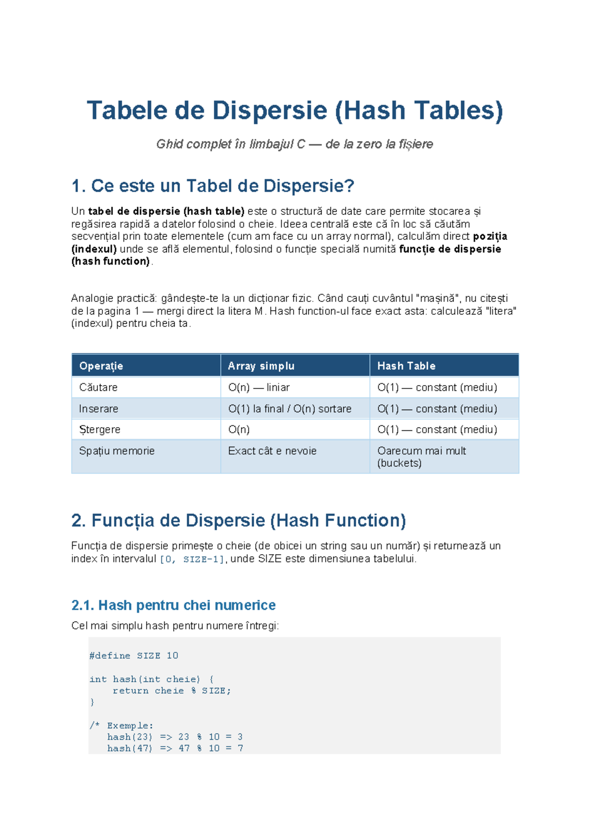Tabele de Dispersie (Hash Tables) - Ghid Complet în C - Studocu