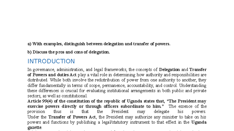 Delegation vs. Transfer of Power: Key Differences in Admin Law - Studocu
