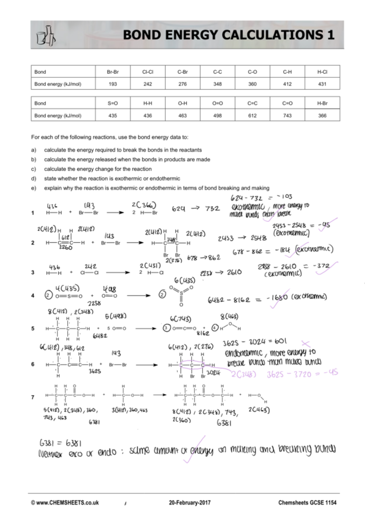 GCSE 1154 Bond Energy Calculations: Exothermic vs. Endothermic ...