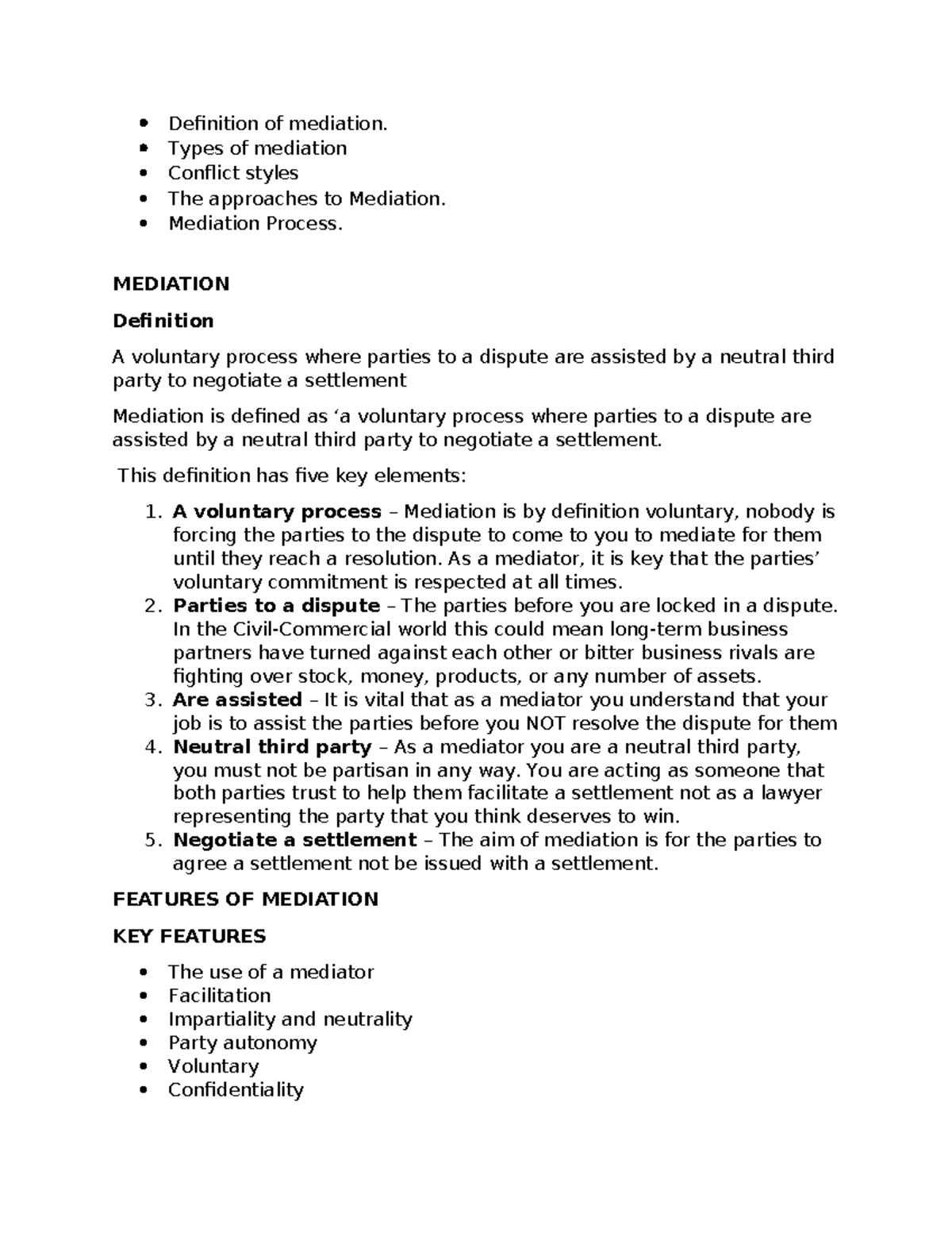 Mediation Notes: Definition, Types, and Process Overview (MEDIATION ...