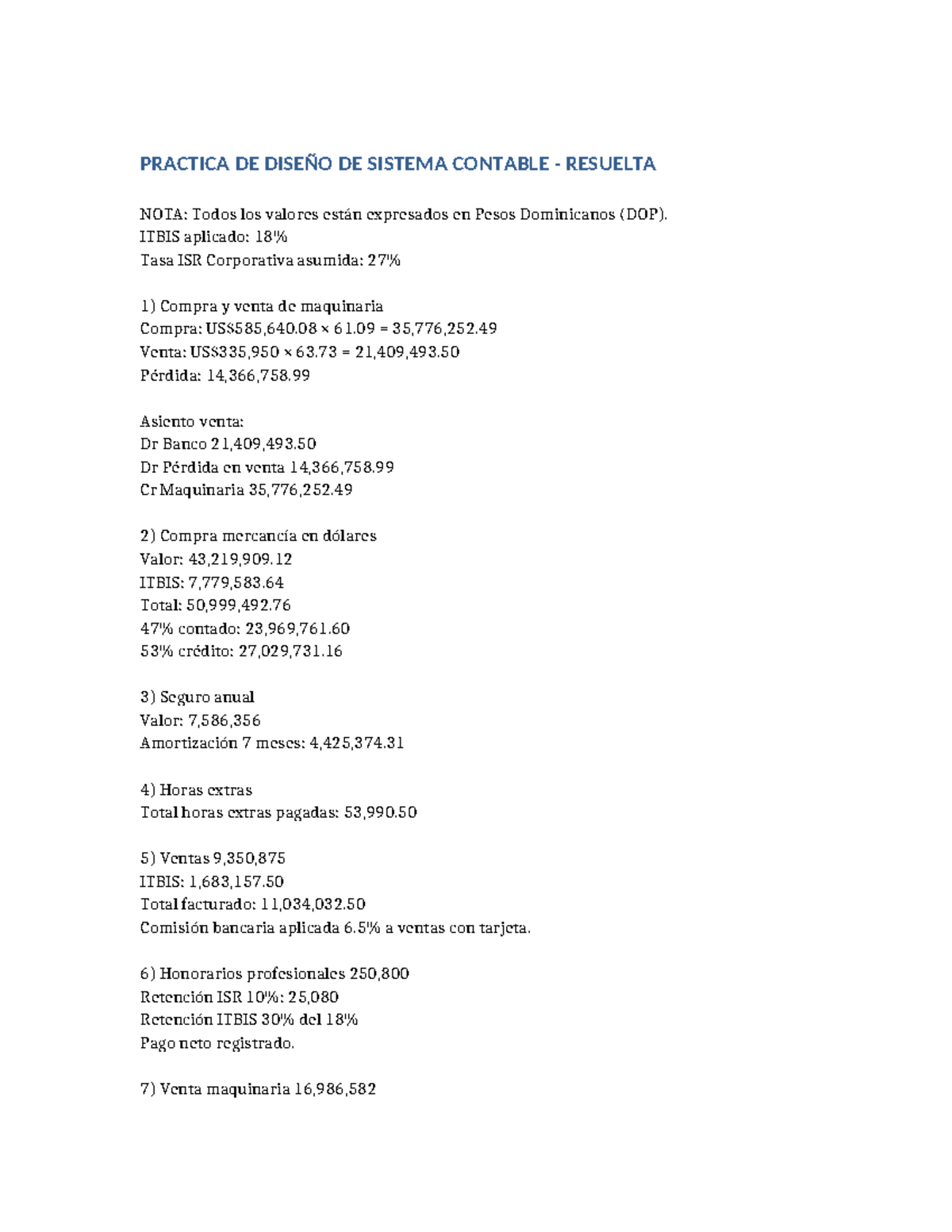 Práctica de Diseño de Sistema Contable Resuelta - ITBIS y ISR - Studocu