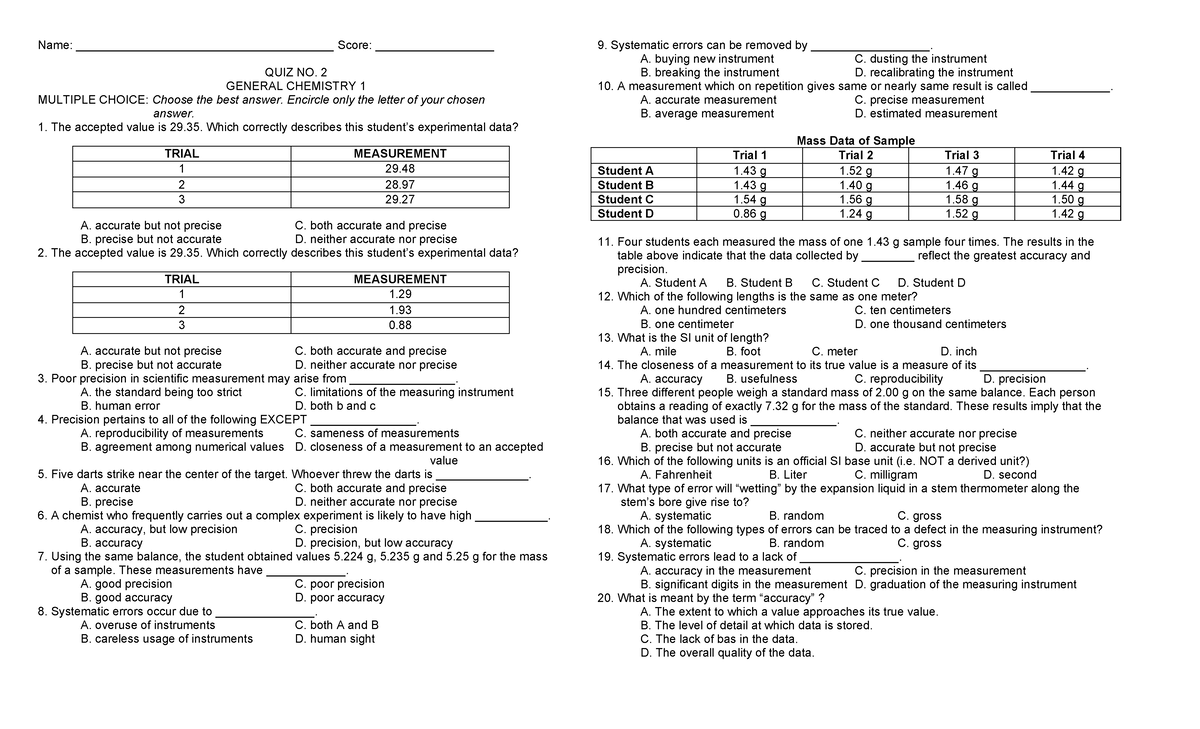 QUIZ NO. 2 - General Chemistry 1 Assessment on Measurement and ...