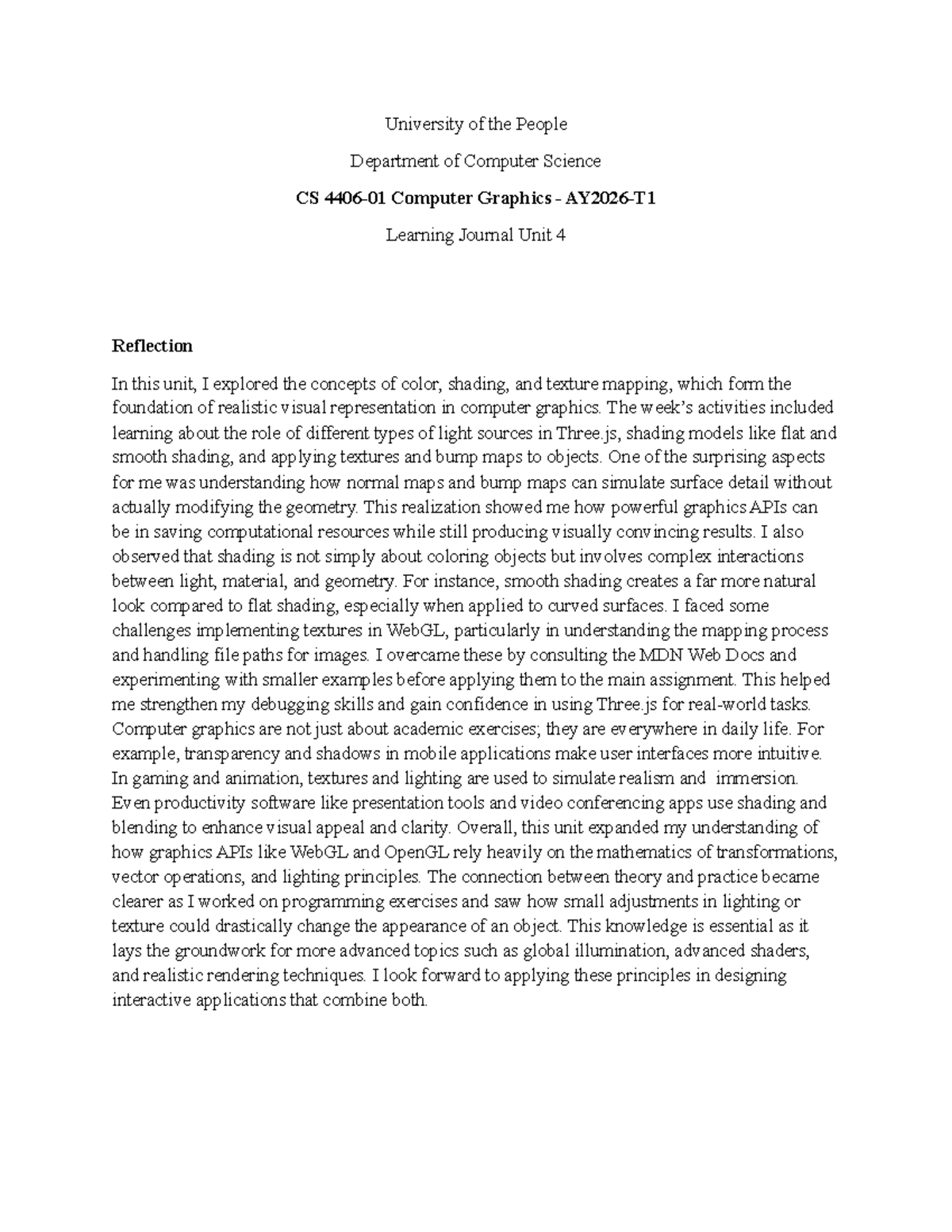 CS 4406 Learning Journal Unit 4: Color, Shading, and Textures - Studocu