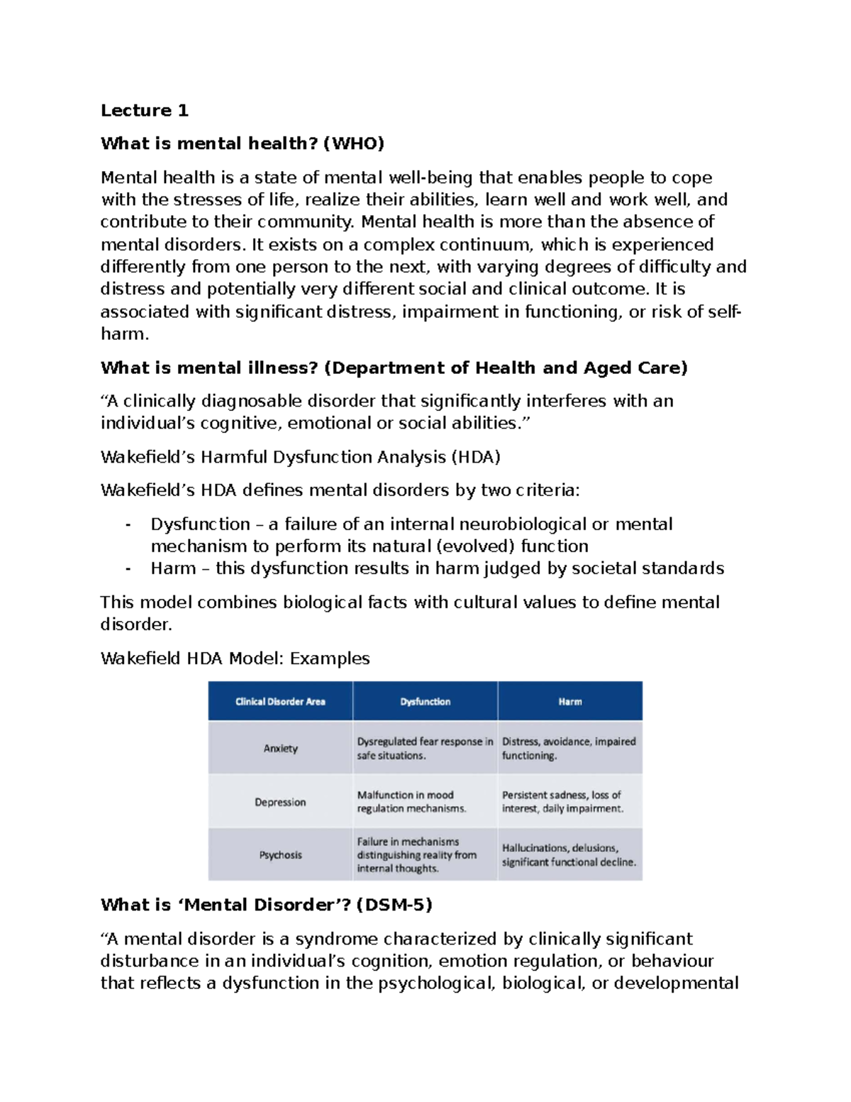 MBB2 Lecture Summary: Understanding Mental Health and Disorders - Studocu