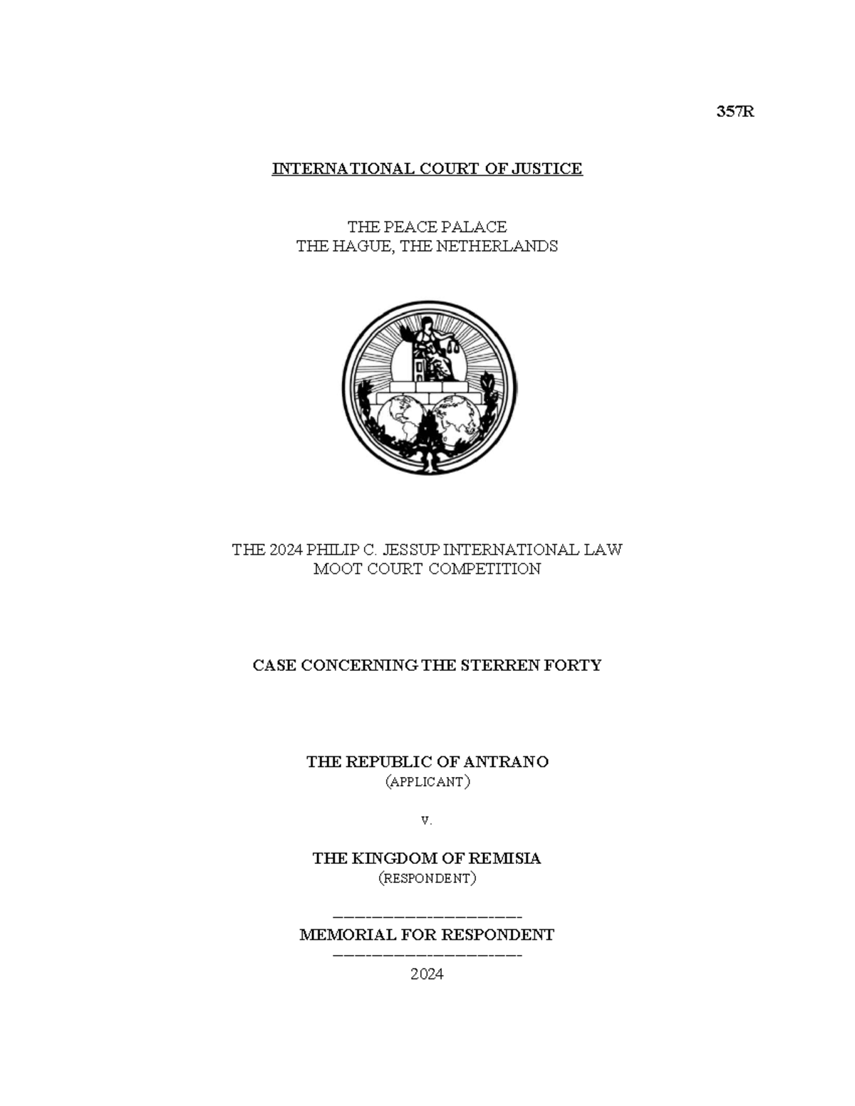357R - Memorial for Respondent in the 2024 Jessup Moot Court Case - Studocu