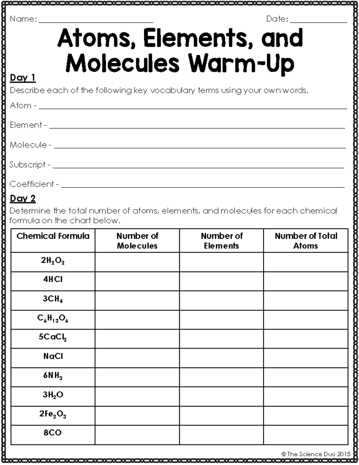 Atoms, Elements, and Molecules Warm-Up Worksheet - Studocu