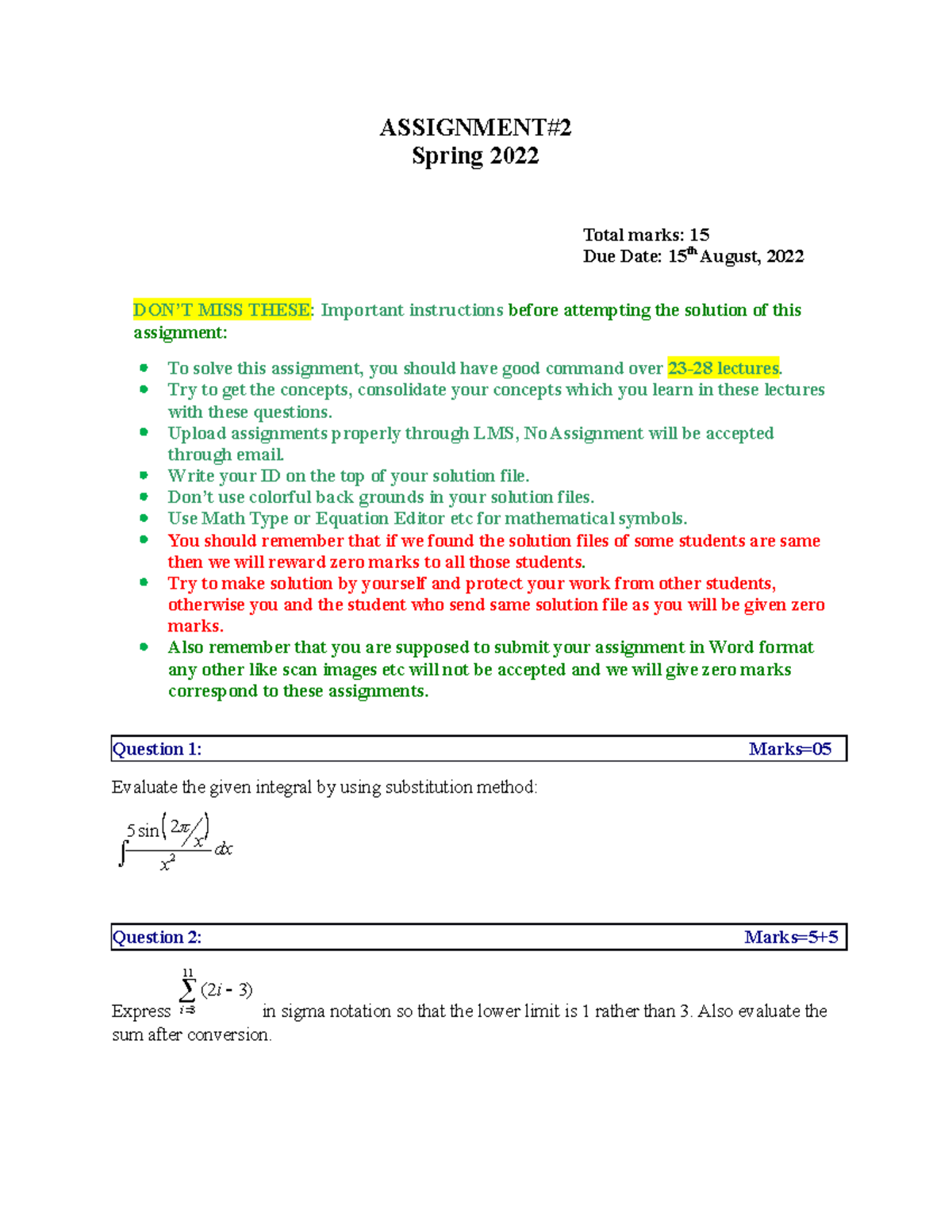 Spring 2022 MTH101 2 - ASSIGNMENT# Spring 2022 Total marks: 15 Due Date ...