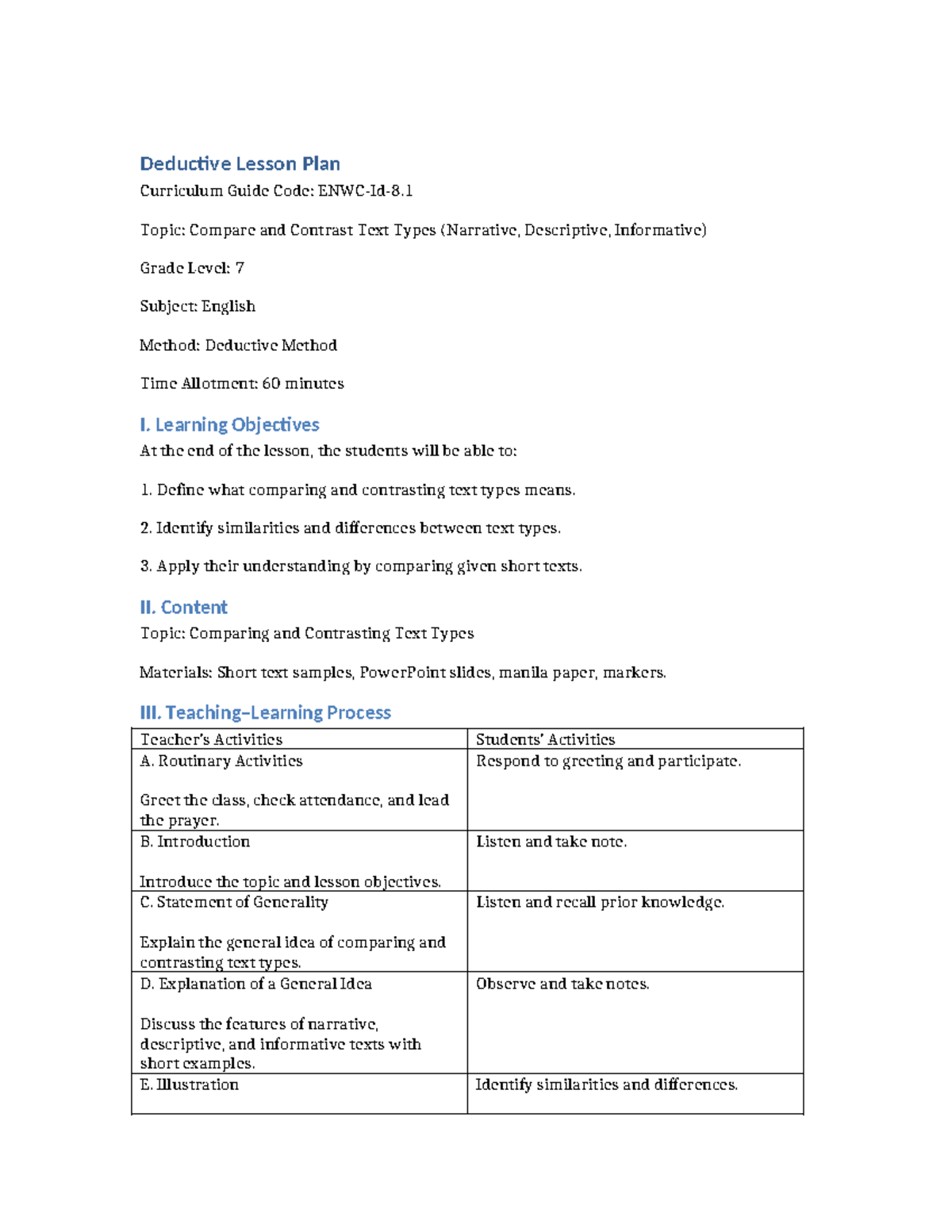 Revised Deductive Lesson Plan: Compare & Contrast Text Types ENWC-Id-8 ...