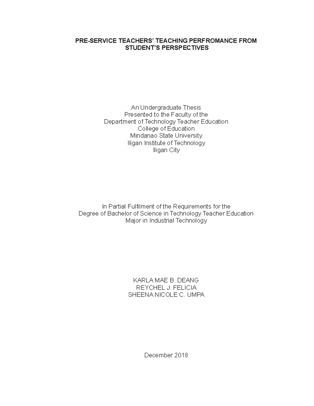 Pre-Service Teachers' Performance Insights: Thesis 2018 for BSTTE - Studocu