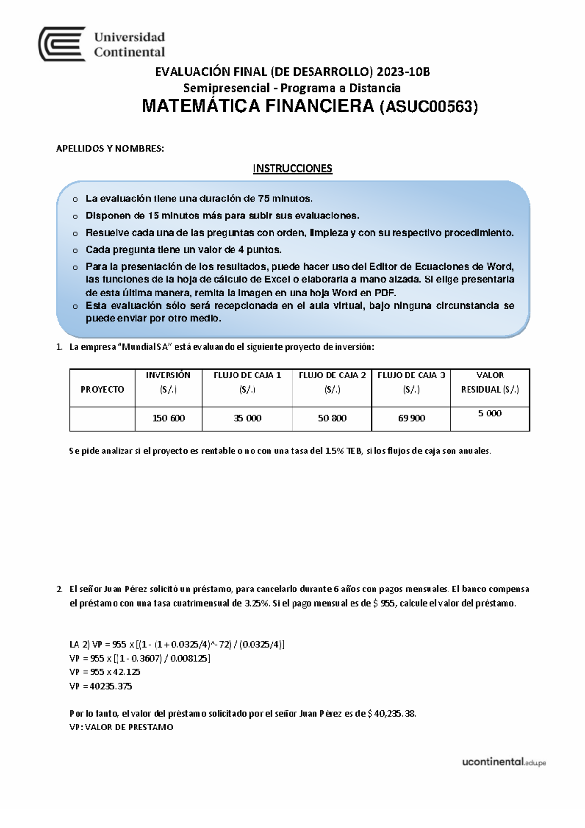 Examen Final - MAT. Financiera - Pamela - EVALUACI”N FINAL (DE DESARROLLO) 2023-10B ...