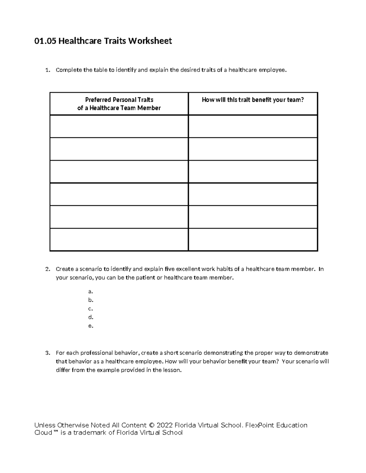 Hsf 01 05 healthcare traits assessment final worksheet - Studocu