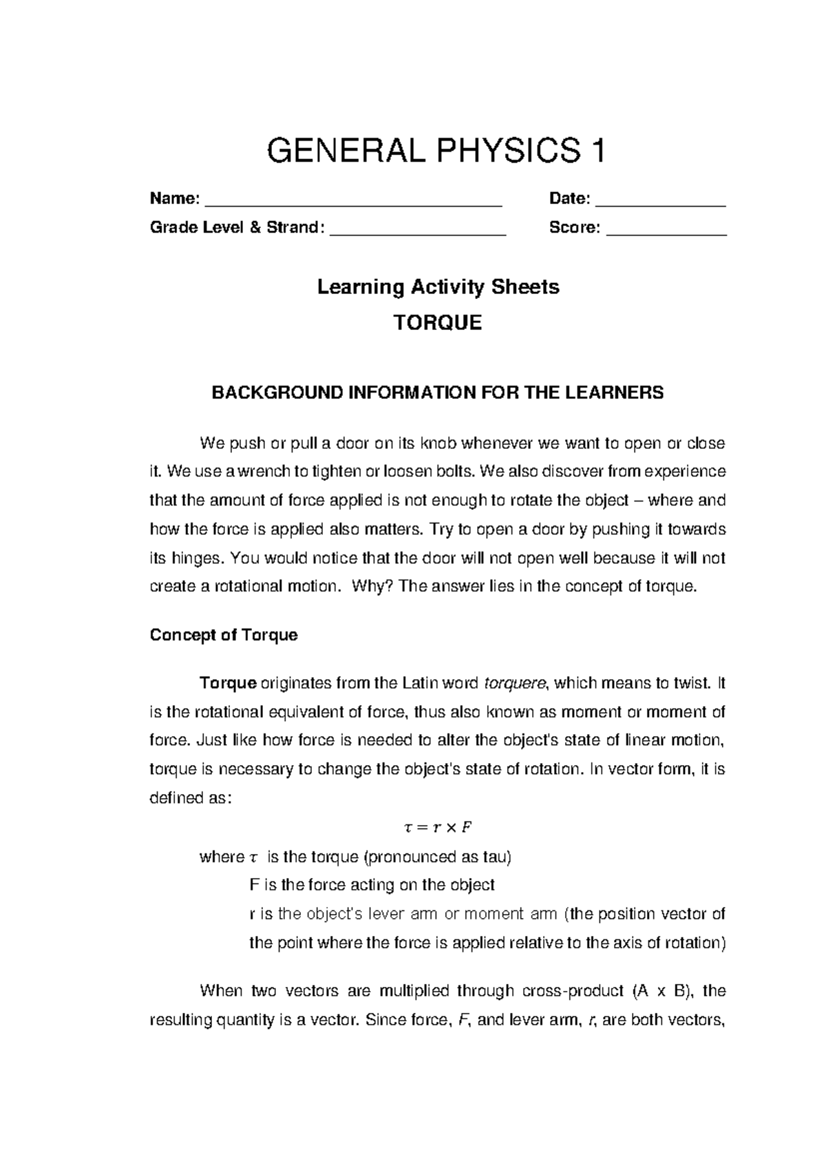 GENERAL PHYSICS 1: Learning Activity Sheets on Torque & Rotational ...