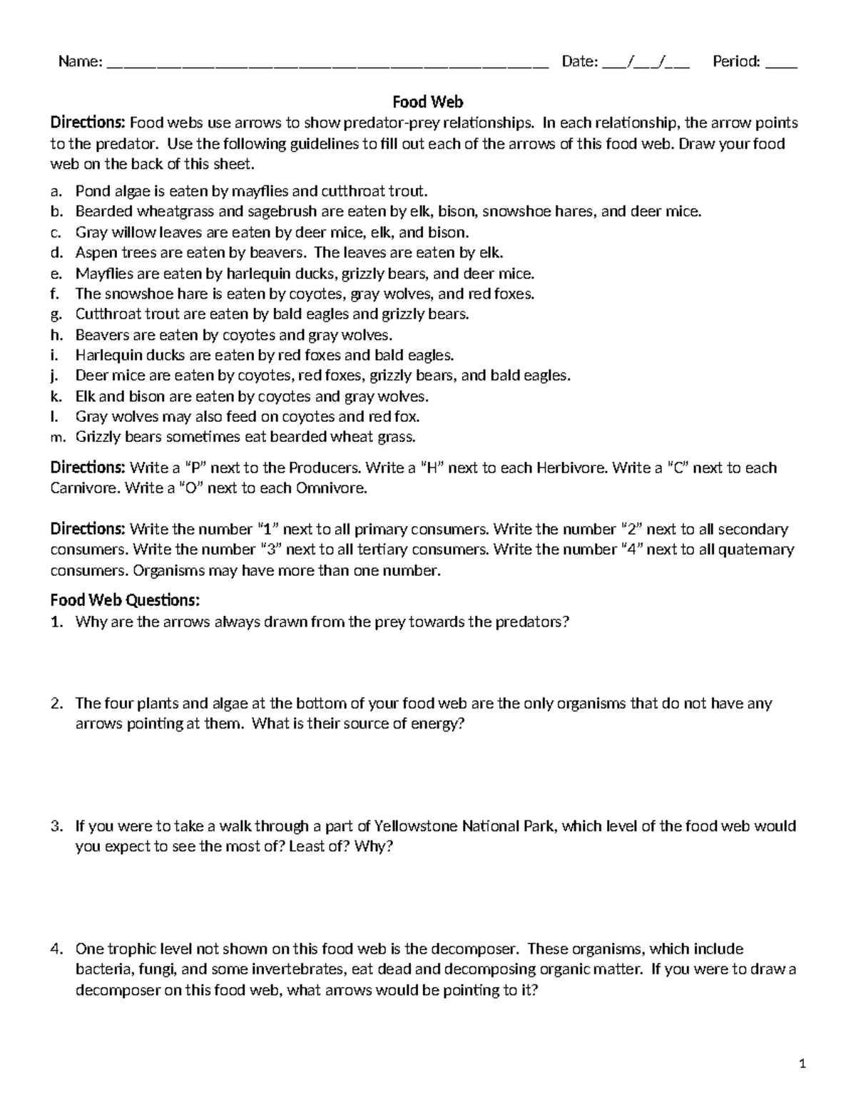 Ecology Packet - Honors Biology Food Web Assignment (BIO 101) - Studocu