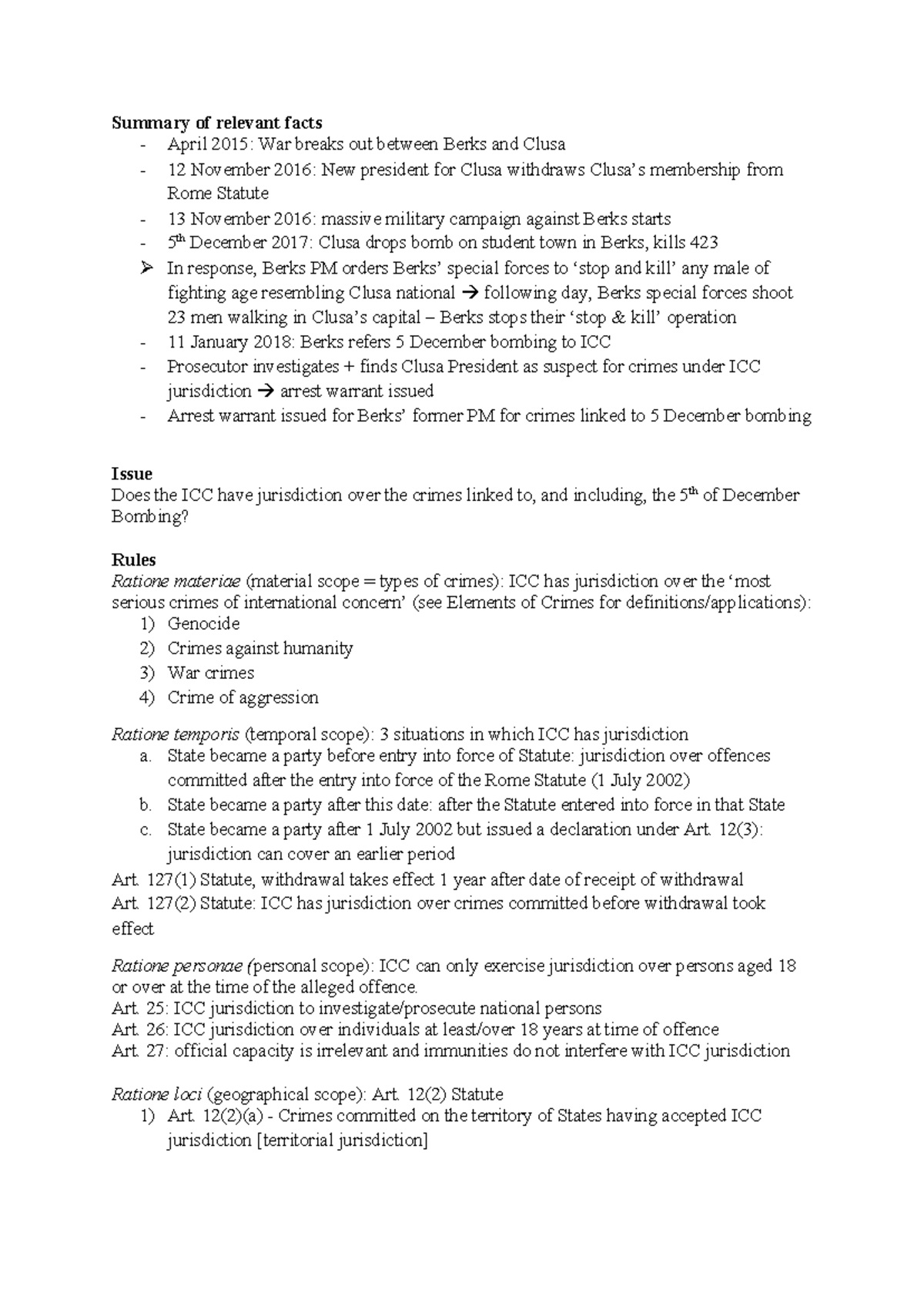 ICL Case Study 1: Jurisdiction Analysis of ICC in Clusa-Berks Conflict ...