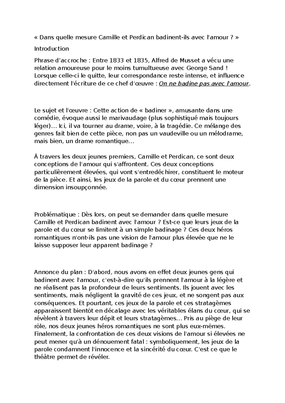 Dissertation sur "On ne badine pas avec l'amour" d'Alfred de Musset ...