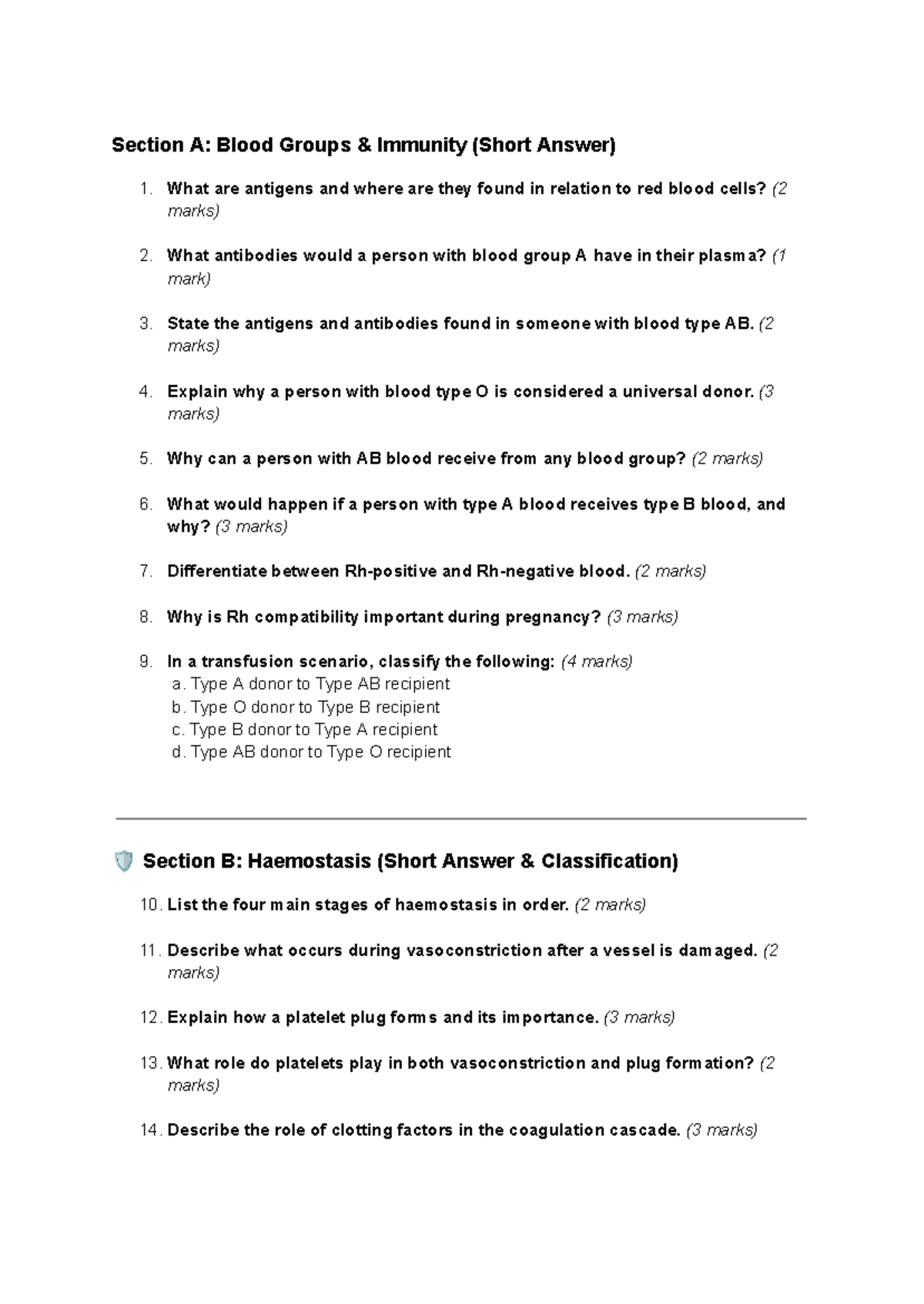 Blood Groups & Haemostasis: Short Answer Guide (BIO 101) - Studocu