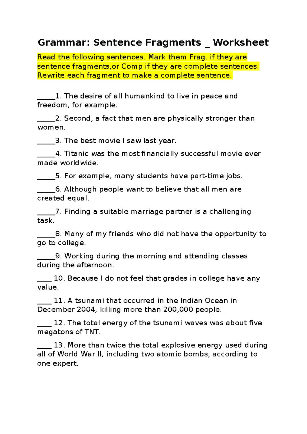 Grammar: Sentence Fragments Worksheet - Identify and Rewrite Fragments ...