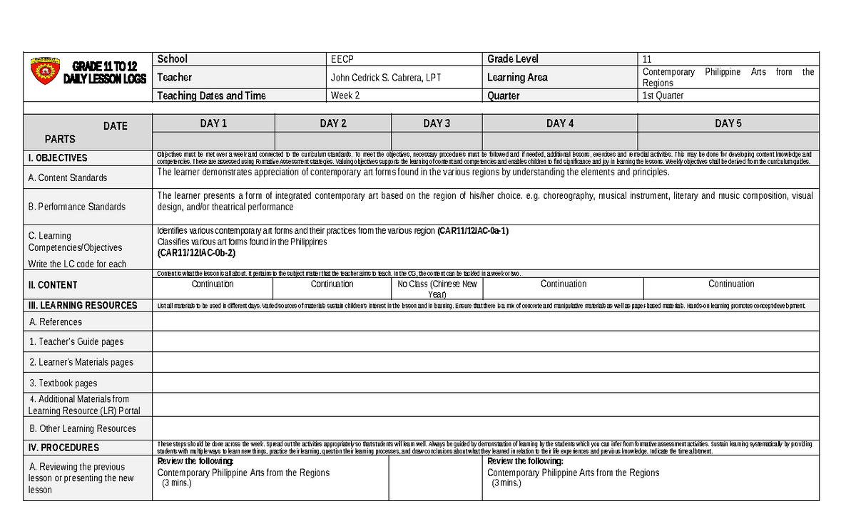 CPAR DLL WEEK 2 - Learning Strategies in Contemporary Philippine Arts ...