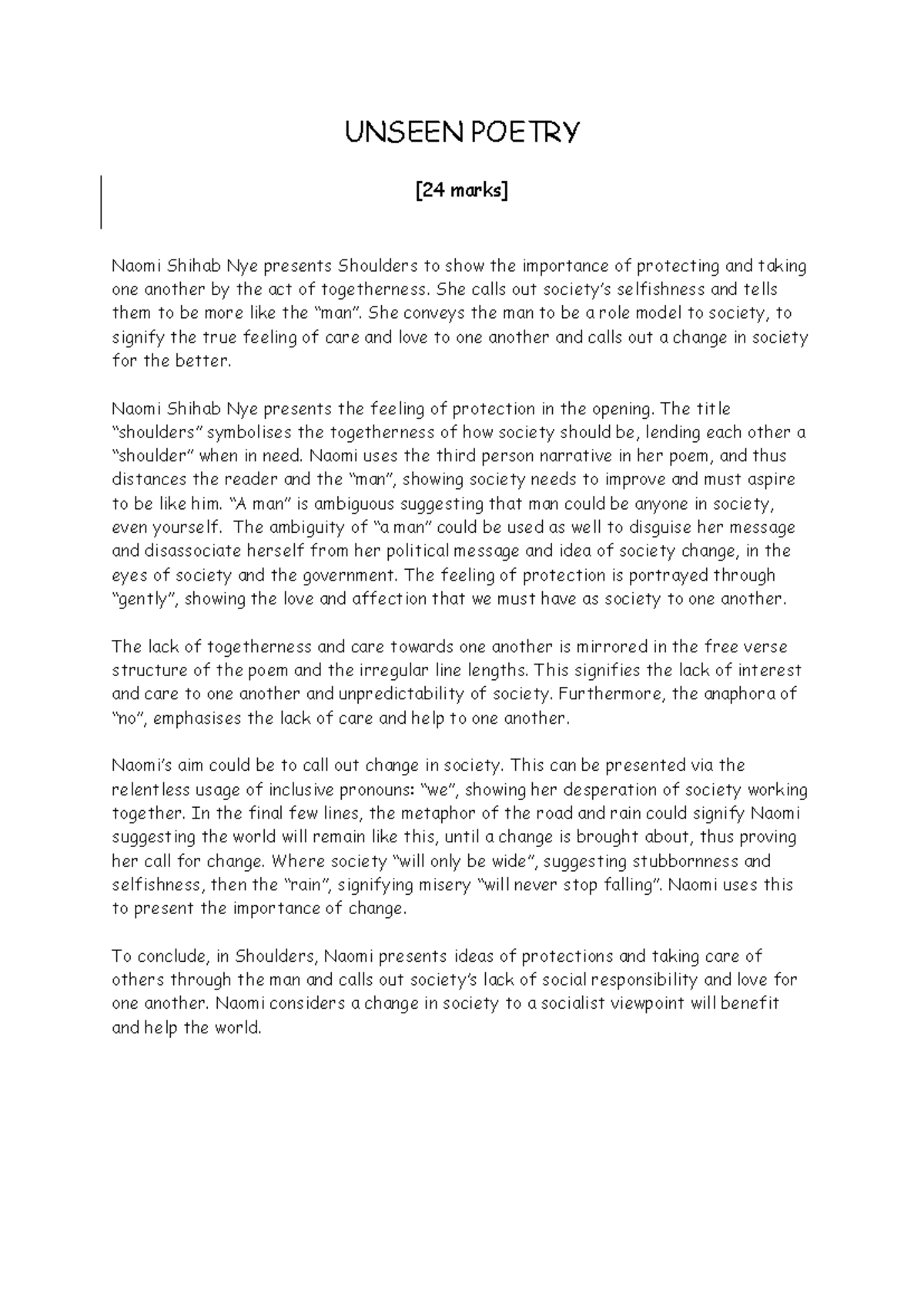 Unseen Poetry Analysis: Naomi Shihab Nye's "Shoulders" Insights - Studocu