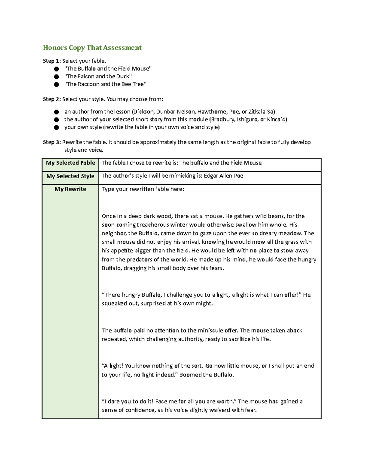 Honors Copy That - Fable Rewrite Assignment - Studocu