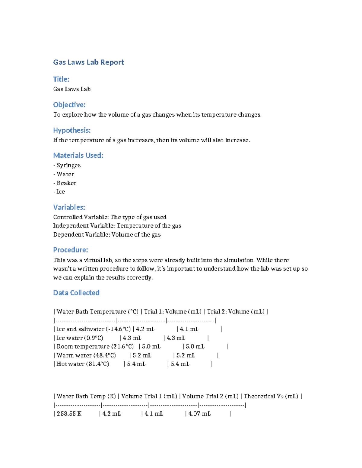 Gas Laws Lab Report: Exploring Volume-Temperature Relationship - Studocu