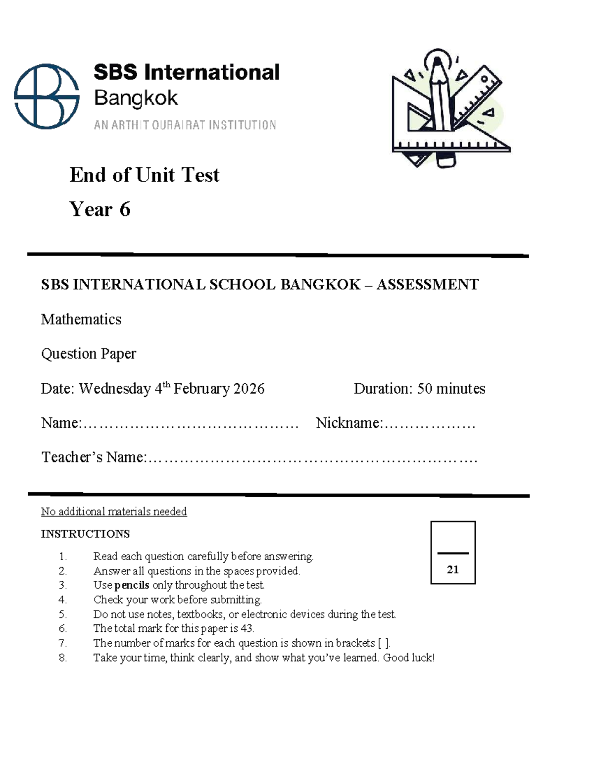 End of Unit Test Year 6 Mathematics - Questions Paper - Studocu