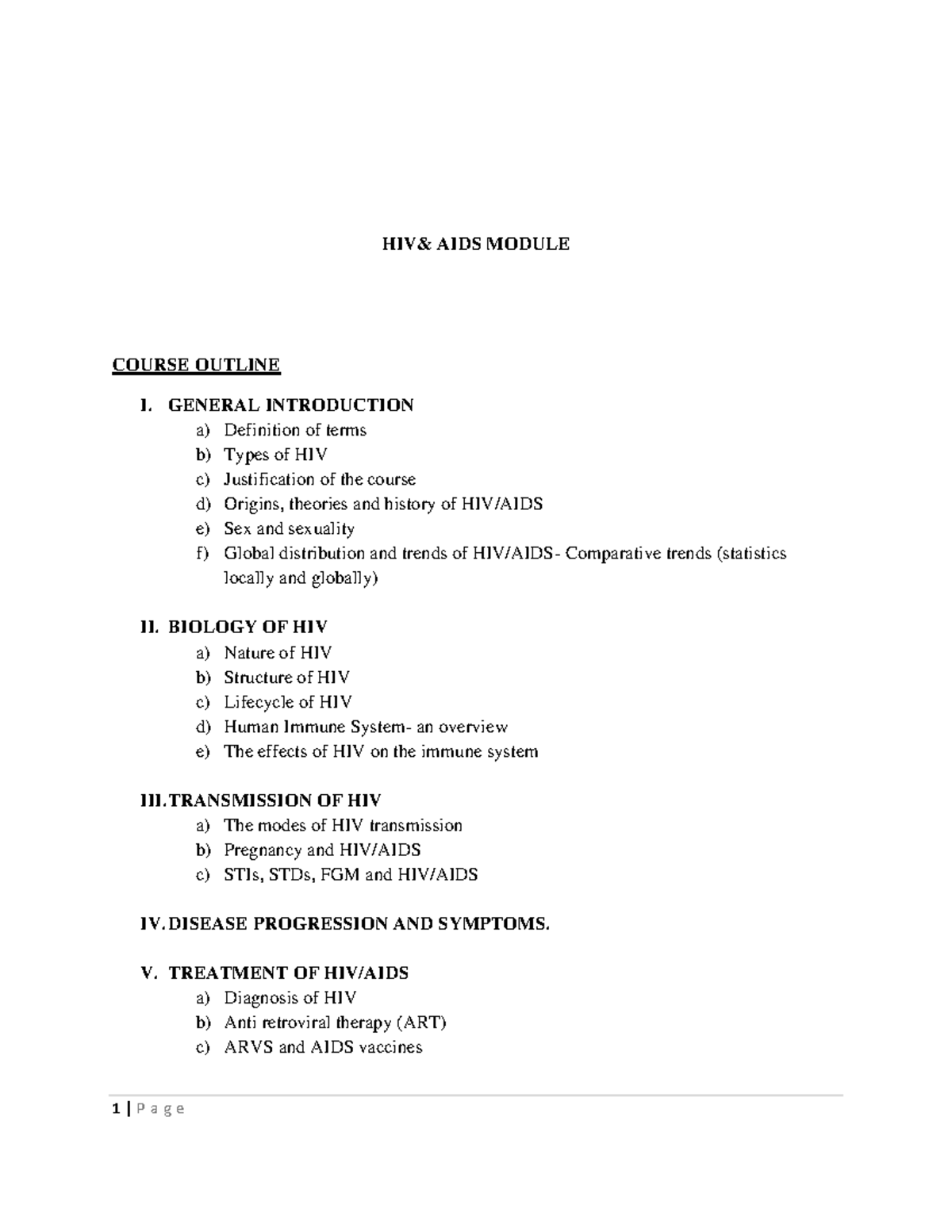 HIV/AIDS Module Course Outline and Study Notes - Studocu