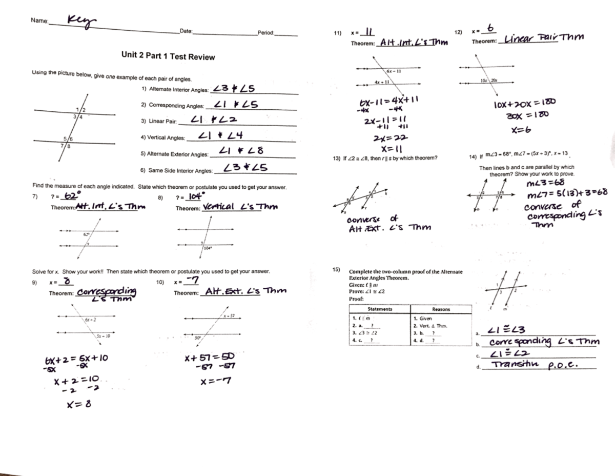 Unit 2 Part 1 Test Review - Angle Relationships and Theorems - Studocu