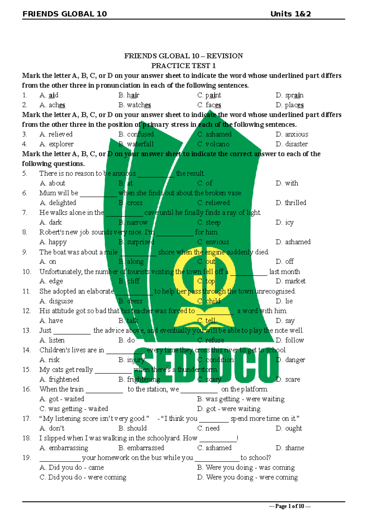 Tieng Anh 10 Friends Global - Unit 1&2 - Practice Test 1 - Studocu