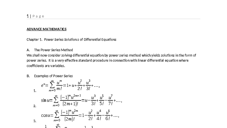ADVANCE MATHEMATICS (MATH 301) Lecture Notes on Power Series Solutions ...
