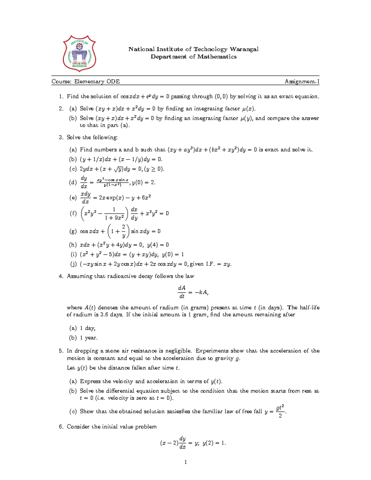 Elementary ODE 1 - Assignment 1 Solutions and Analysis - Studocu