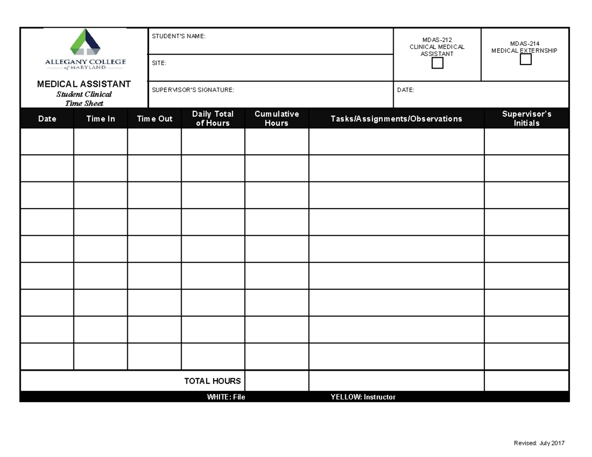 Medical Assistant Clinical Time Sheet - HIM4610 - MEDICAL ASSISTANT ...